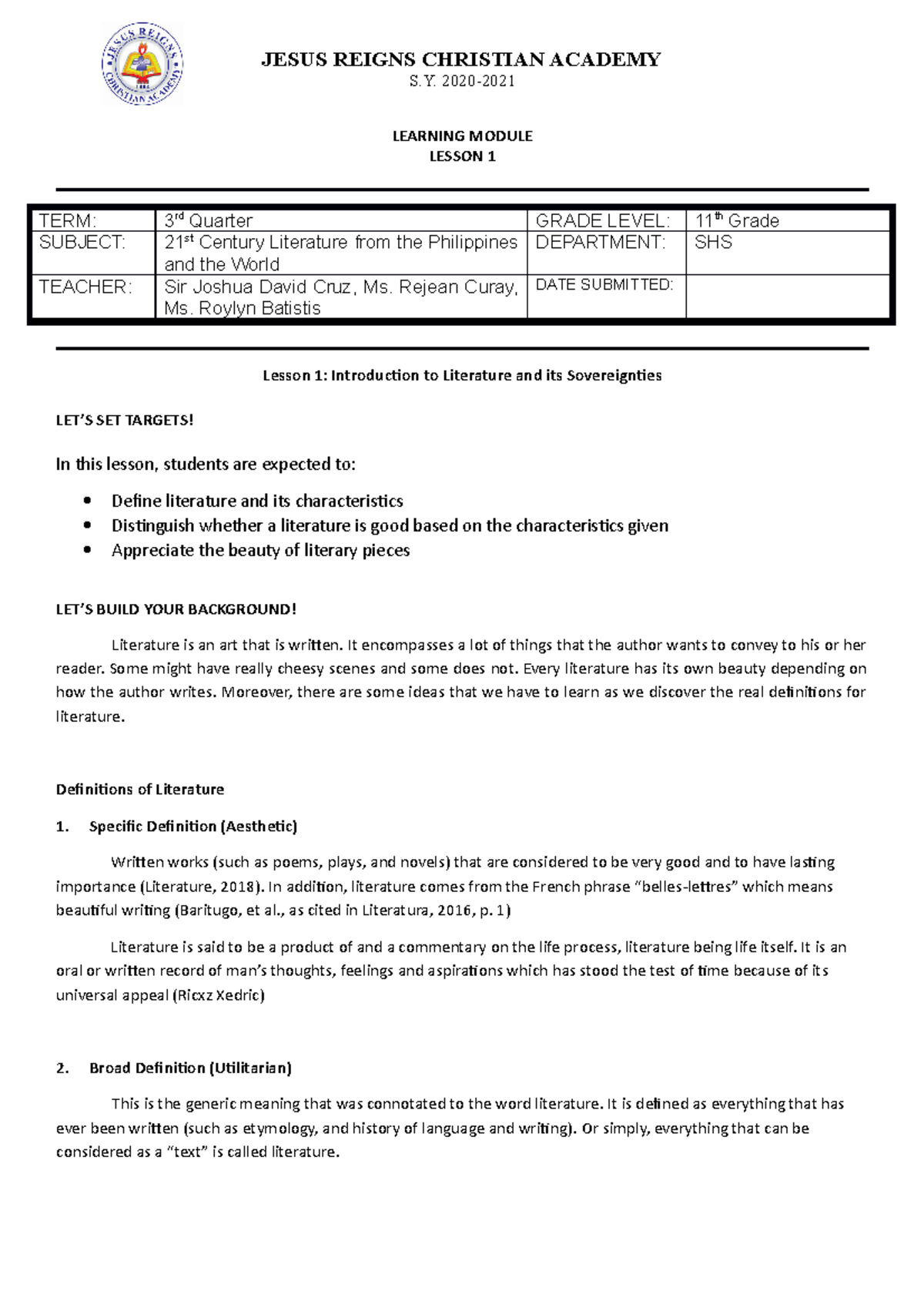 L1 Introduction Literature Sovereignties - Bs Education - Studocu