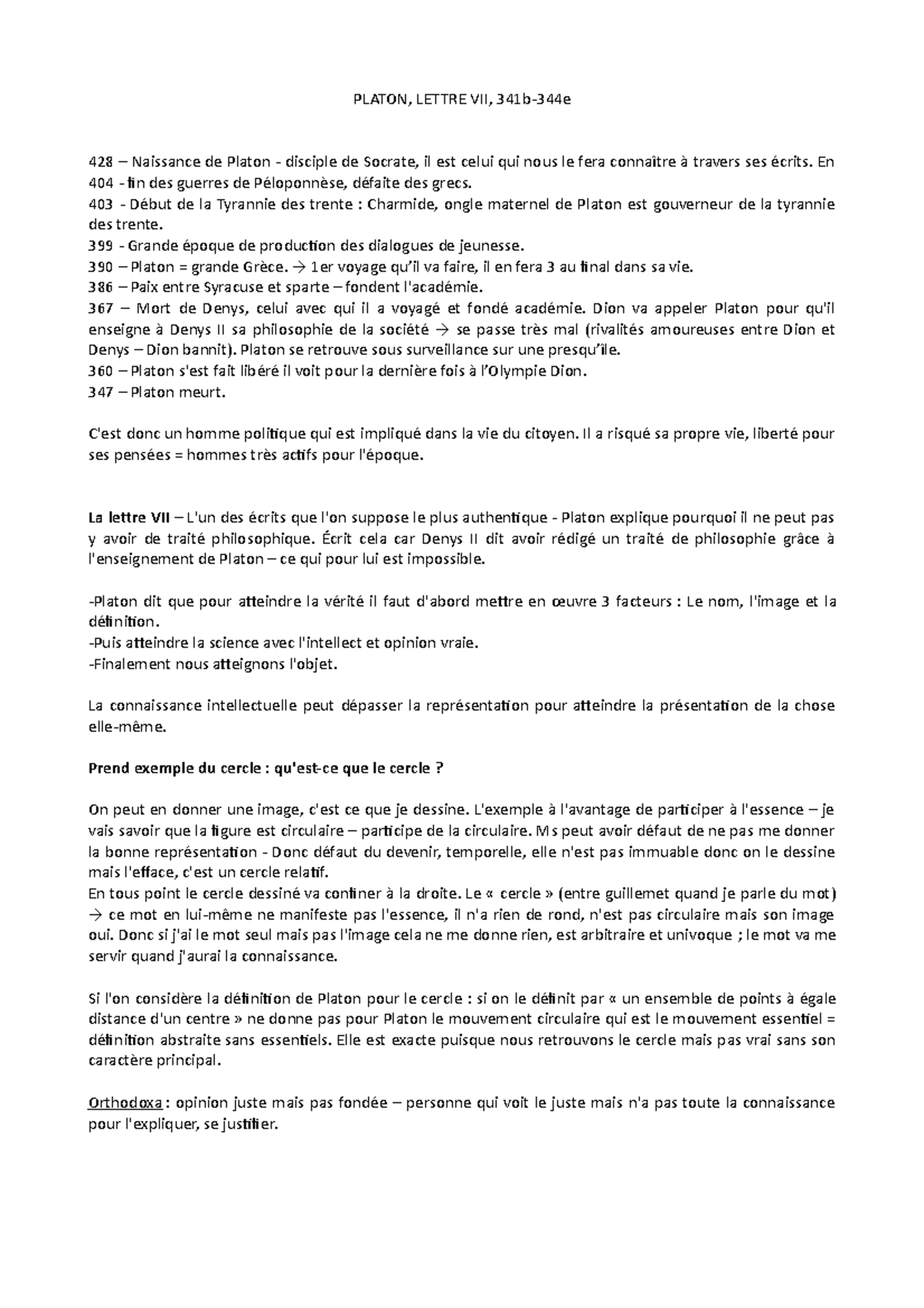 Lettre VII - Notes de cours 1 - PLATON, LETTRE VII, 341b-344e 428 ...