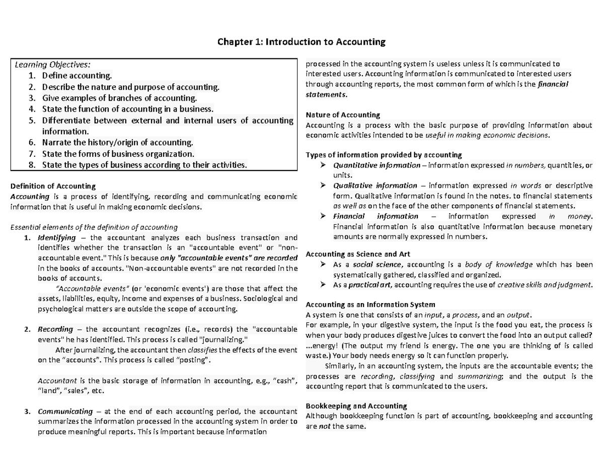 Introduction OF Accounting - Chapter 1: Introduction to Accounting ...