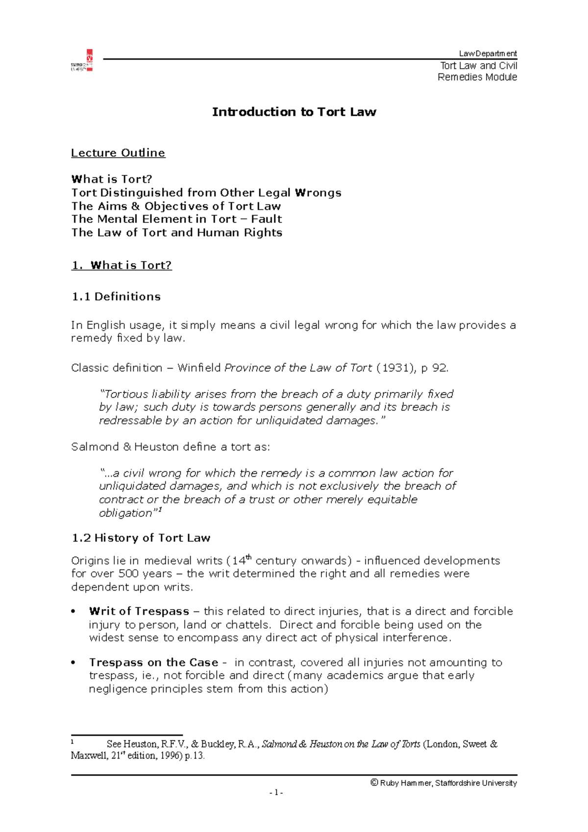 1 - Introduction to Tort Law Handout - Tort Law and Civil Remedies ...