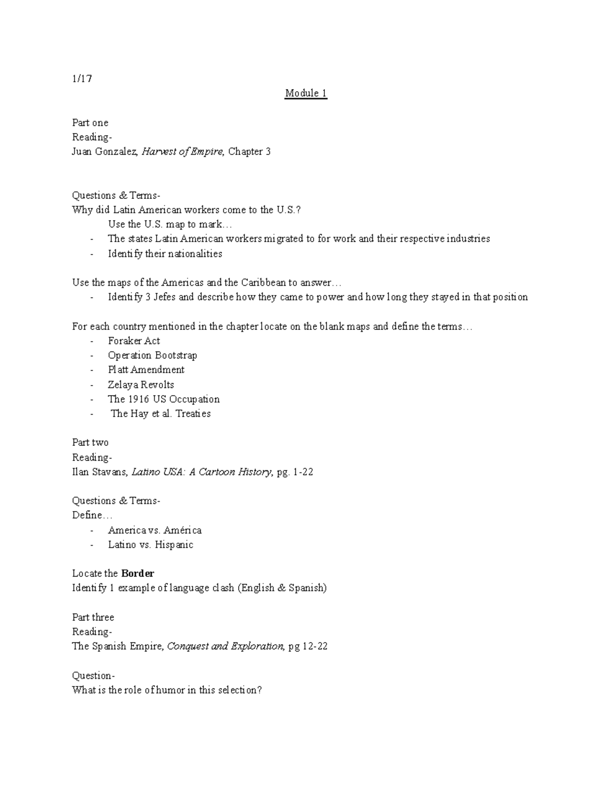 SPAN 1009 Module 1 - 1/ Module 1 Part one Reading- Juan Gonzalez ...