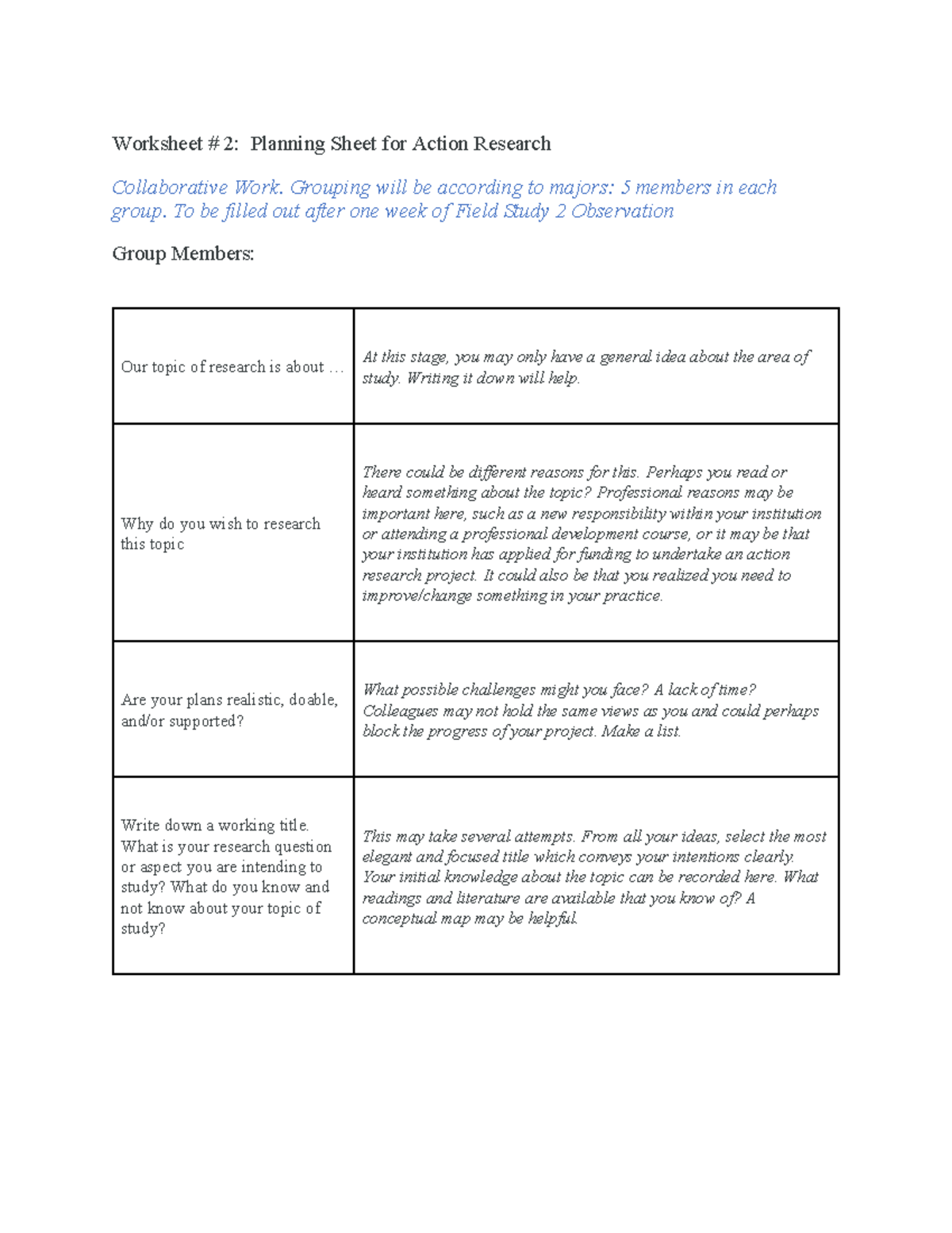 FS 2 Worksheet # 2 Planning Sheet for Action Research - Worksheet # 2 ...