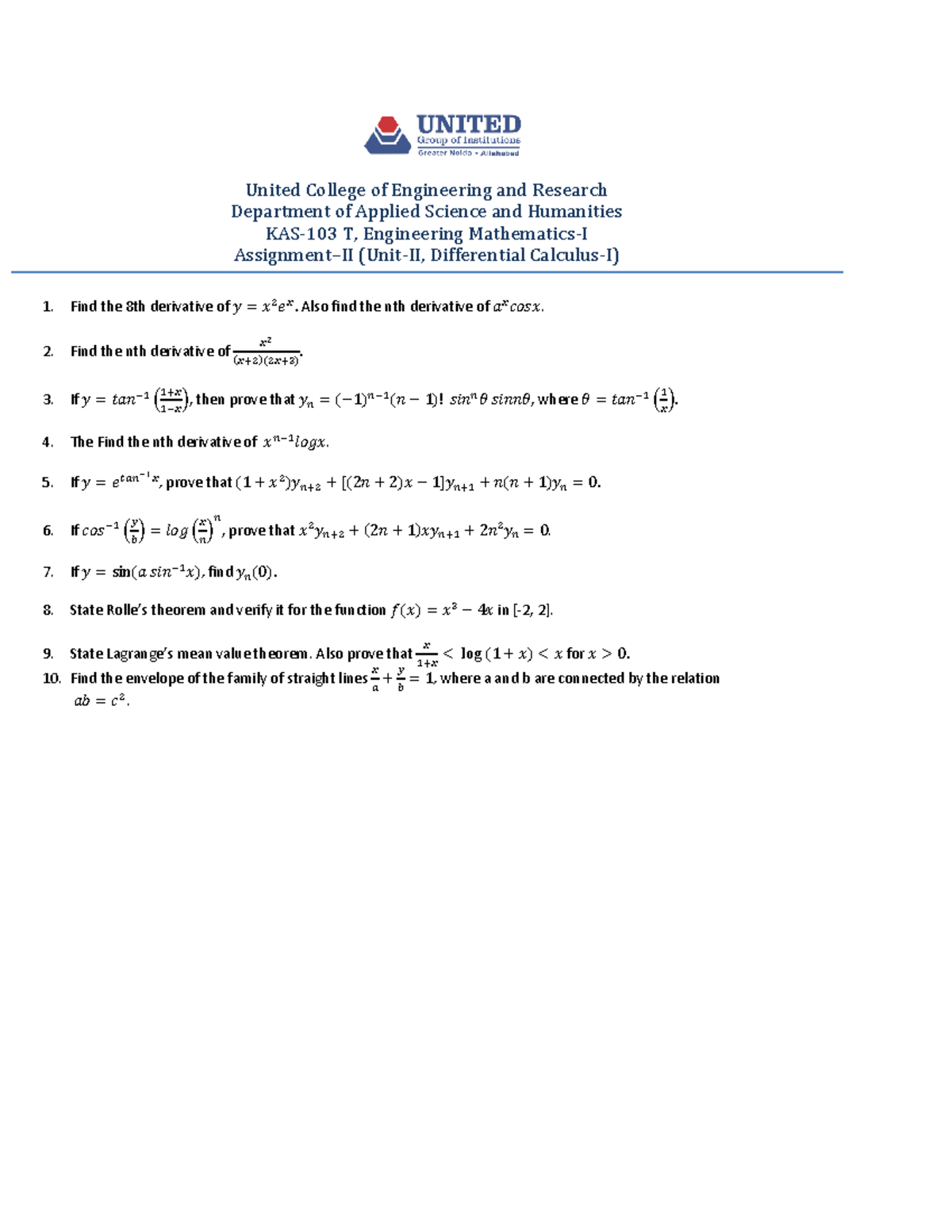 Assignment-I, KAS 103T-pdf - United College of Engineering and Research ...