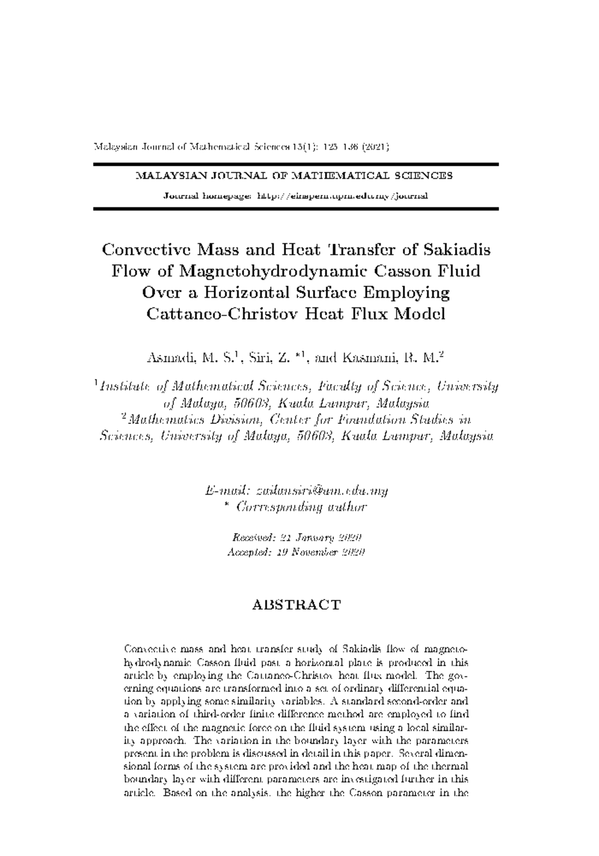 Convective Mass and Heat Transfer of Sakiadis Flow of Magnetohydrodynamic Casson Fluid Over a ...