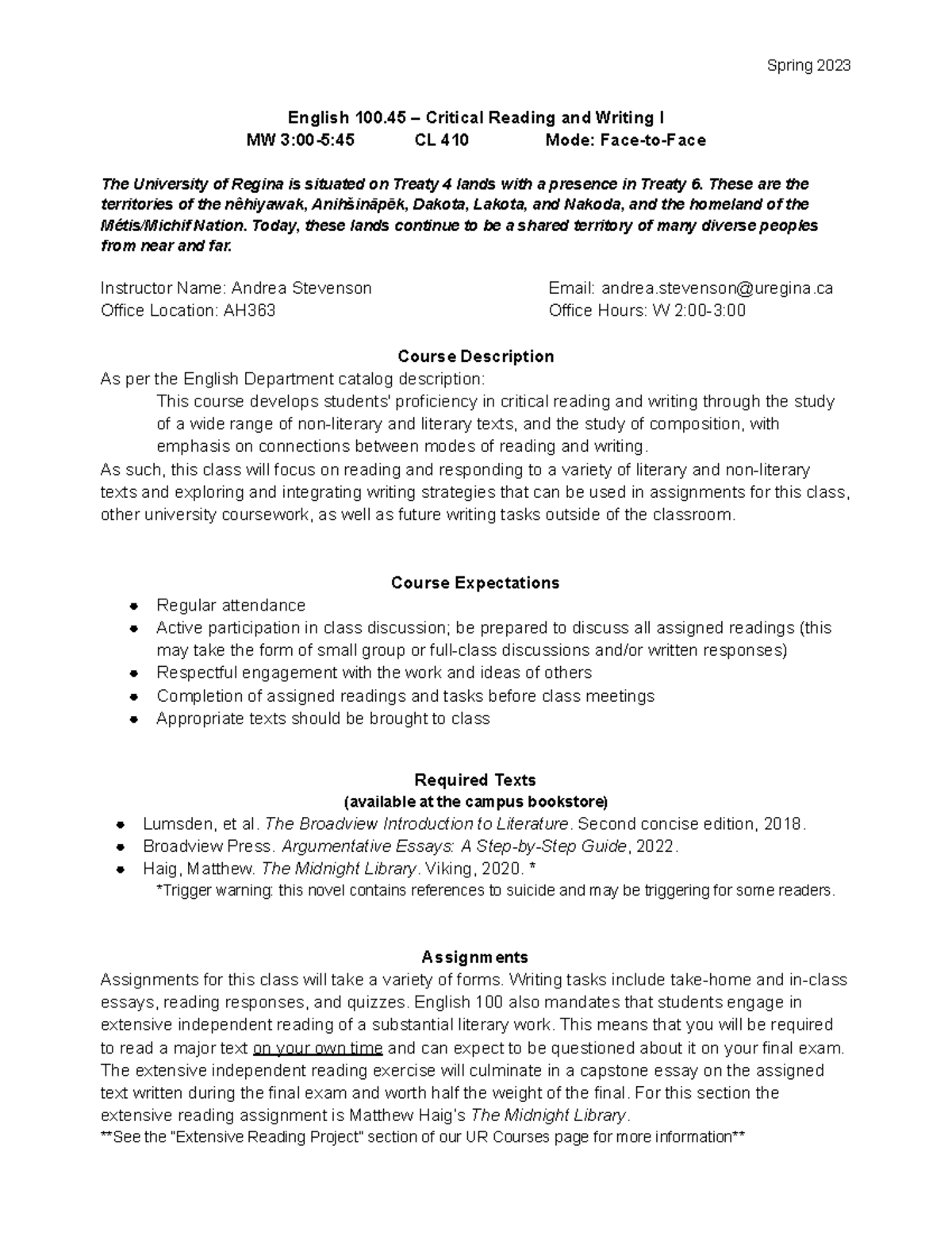 S23 Syllabus English 100 English 100 Critical Reading And Writing I