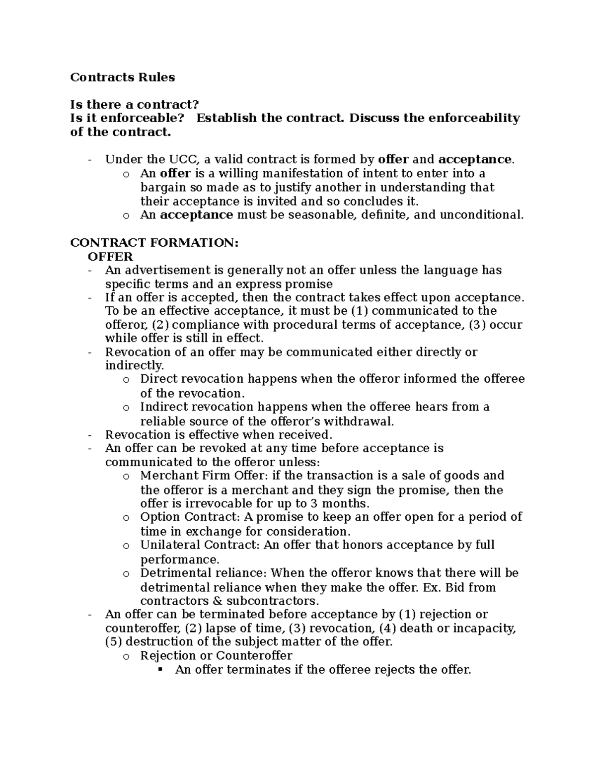 Contracts Rules in preparation for midterm - Contracts Rules Is there a ...