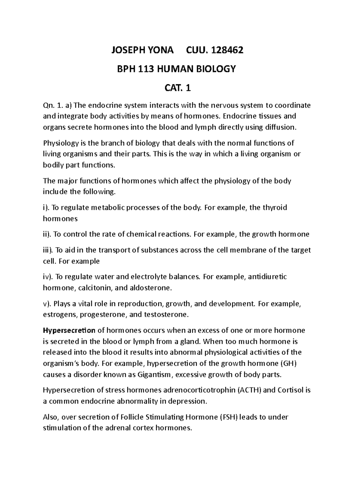 Human Biology WEEK 1 Asignment - JOSEPH YONA CUU. 128462 BPH 113 HUMAN ...