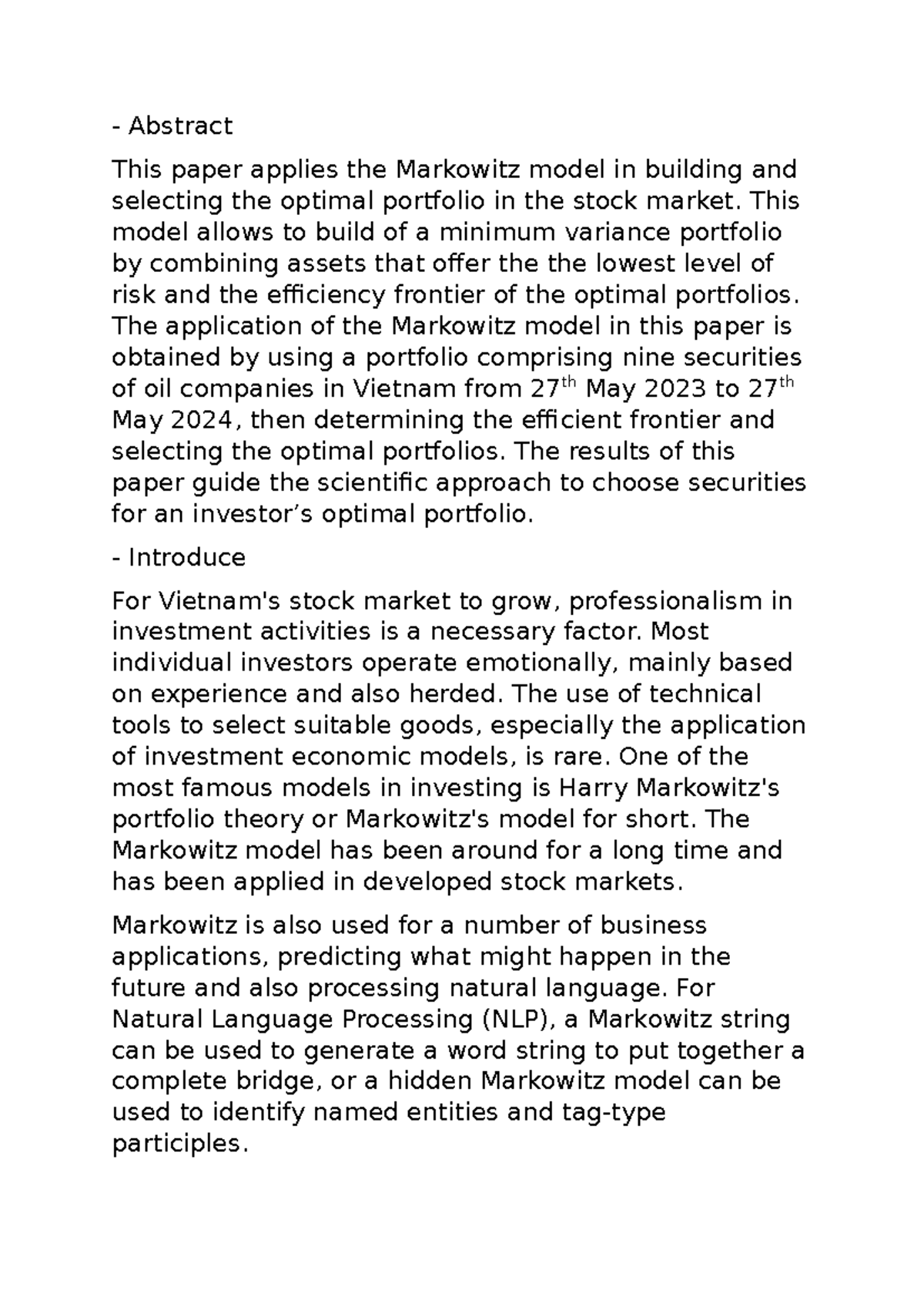 Giới thiệu - Abstract This paper applies the Markowitz model in ...