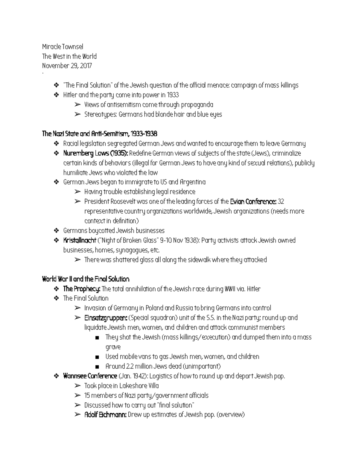 L34 The Holocaust - Lecture notes 34 - Miracle Townsel The West in the ...
