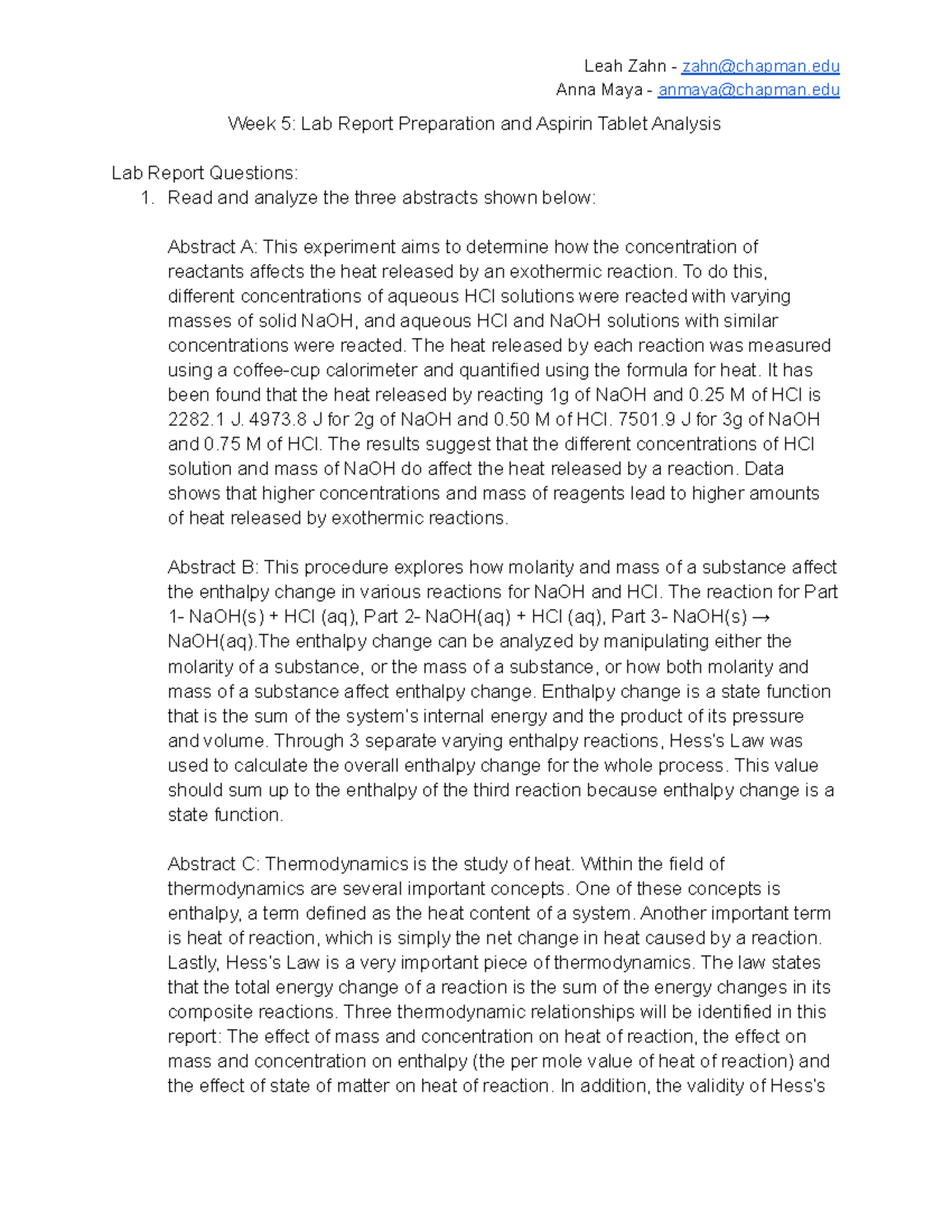 Week 5 Aspirin - SI chem 150 lab w/ Anna - Leah Zahn - zahn@chapman ...