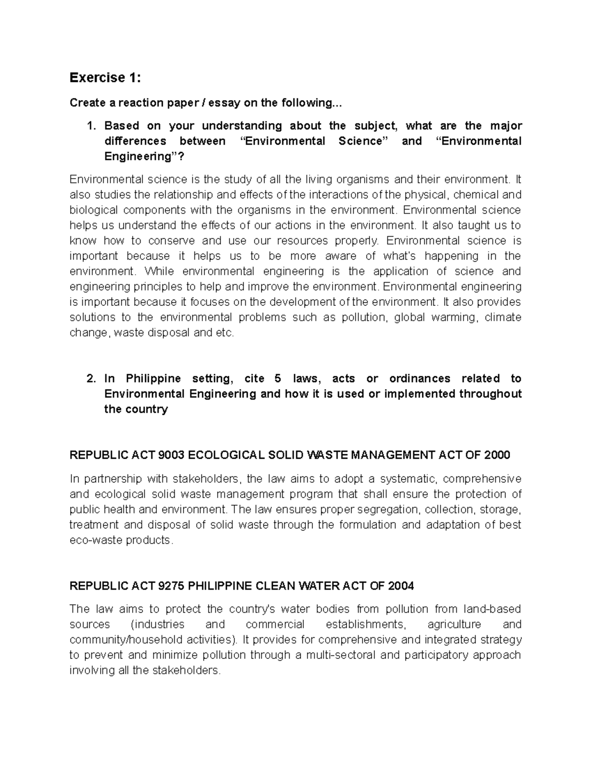 Exercises 1 - Environmental Science and Engineering - Exercise 1 ...