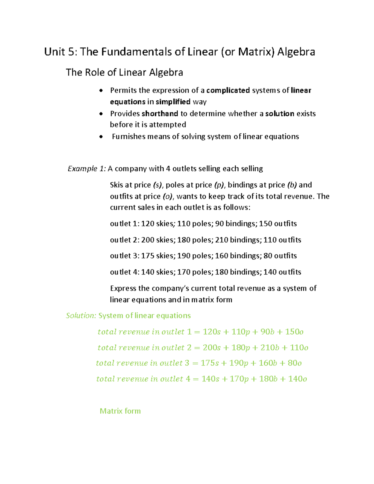 Unit 5- Fundamentals of Linear or Matrix Algebra - Unit 5: The ...