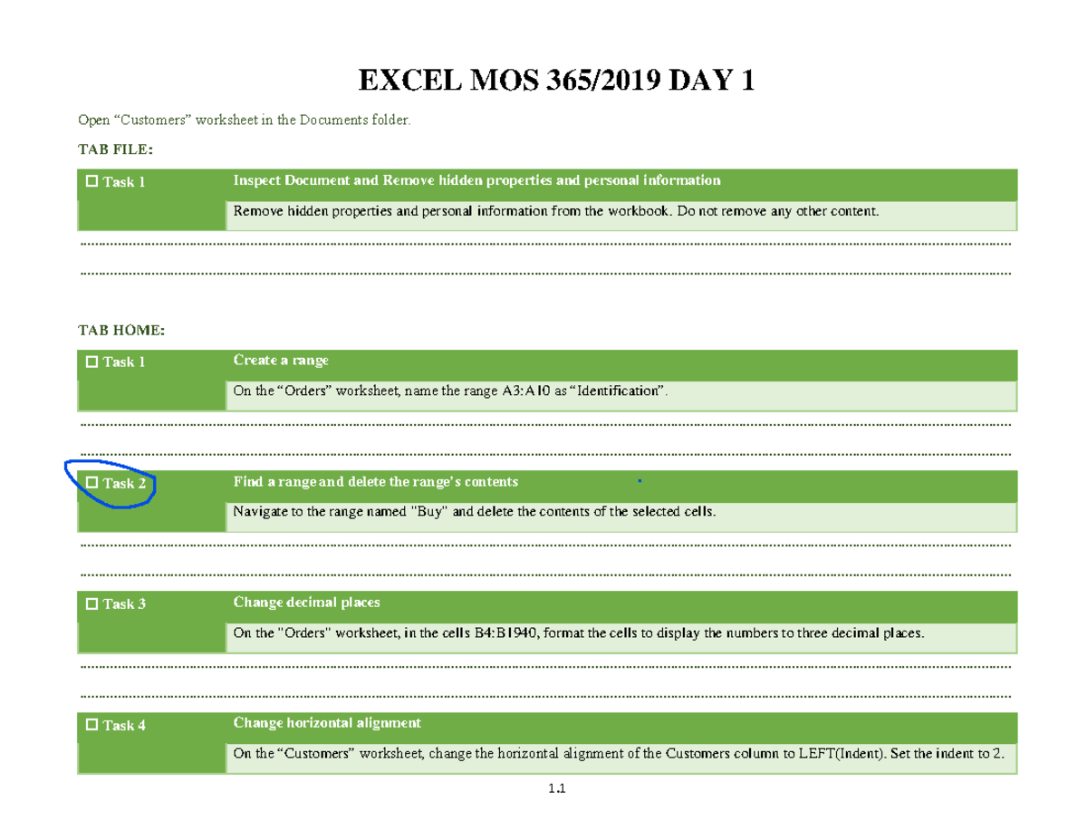 DAY 1 - MOS practice - 1. EXCEL MOS 365/2019 DAY 1 Open “Customers ...
