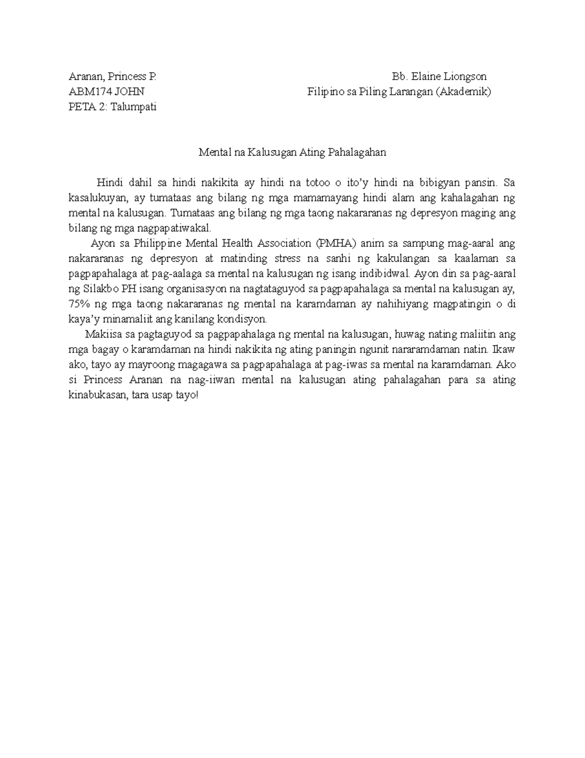 Talumpati - N/A - Aranan, Princess P. Bb. Elaine Liongson ABM174 JOHN ...