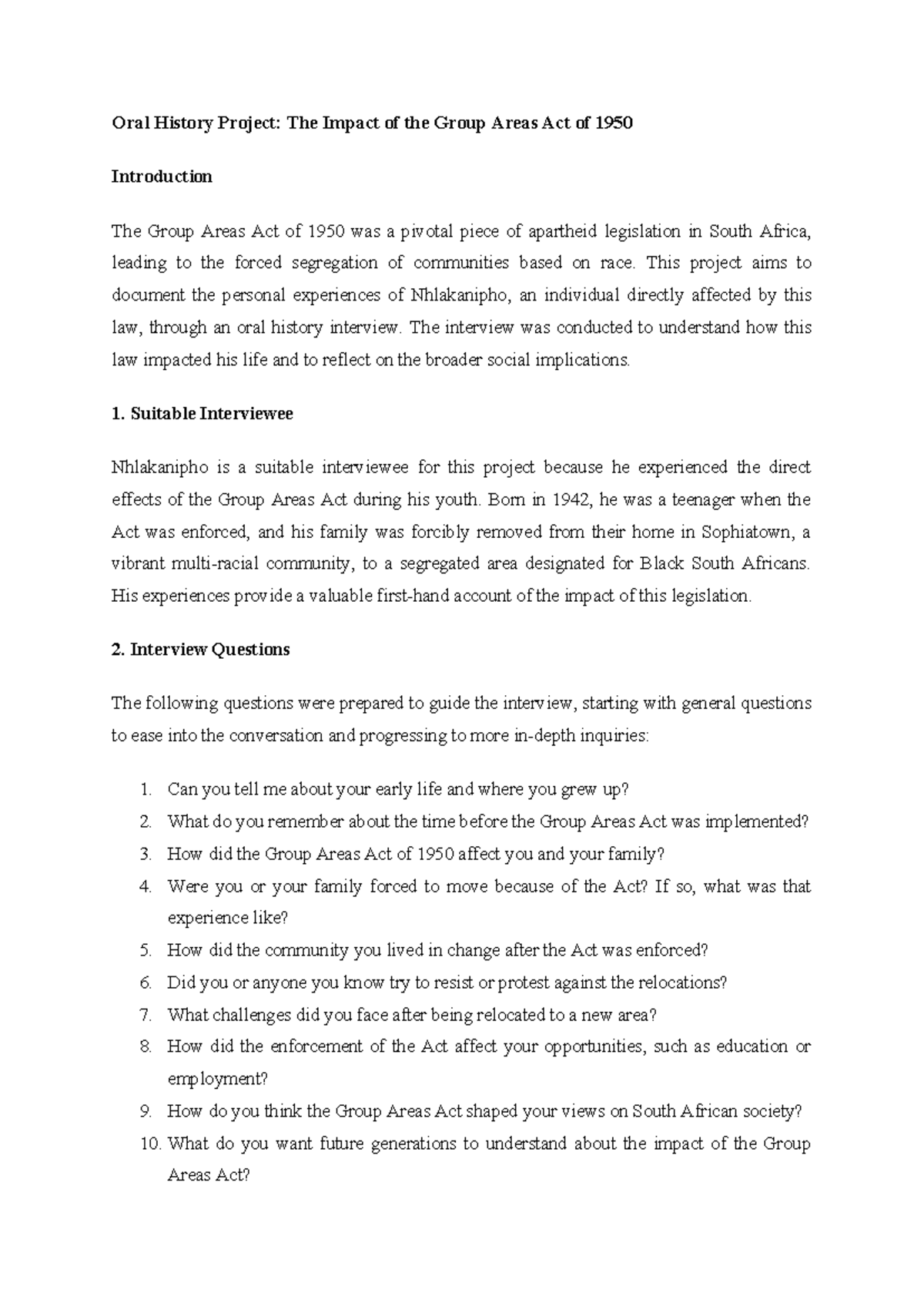 Oral History Project 1 - none - Oral History Project: The Impact of the ...