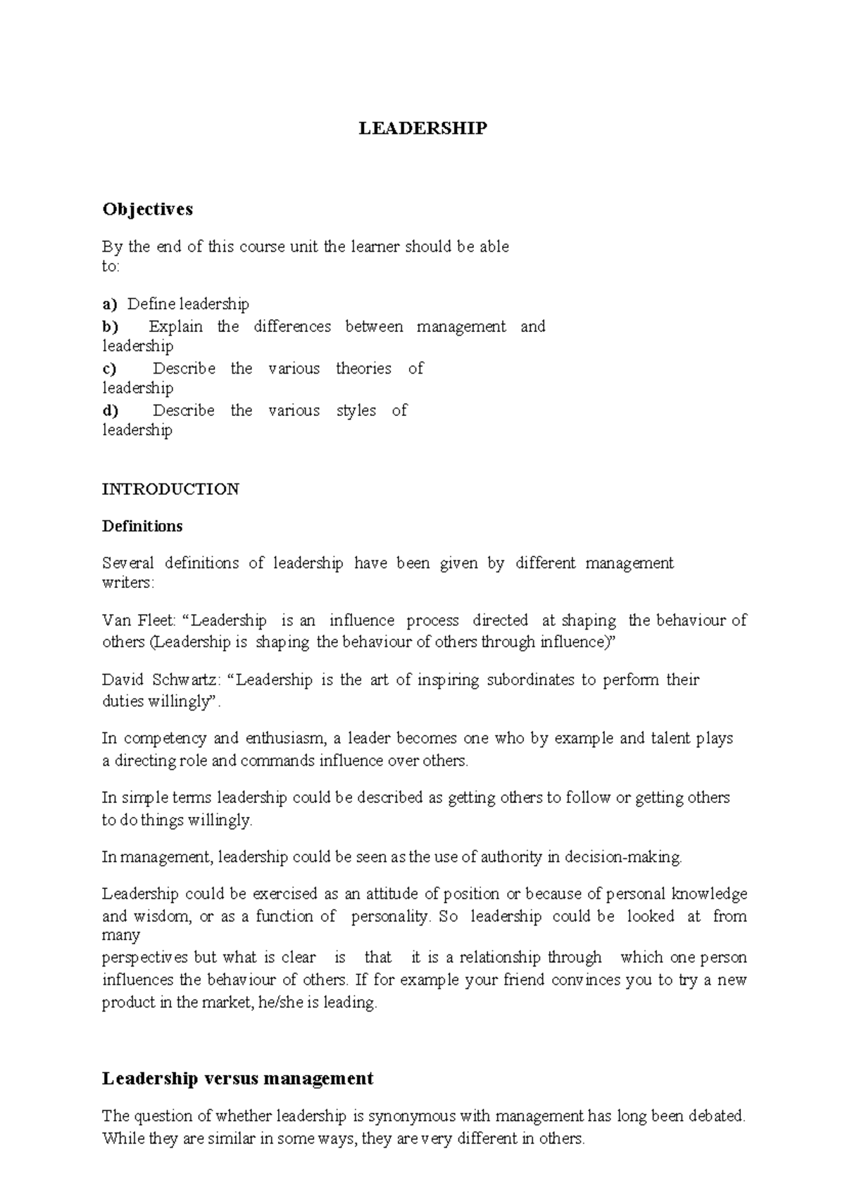 Leadership - notes - LEADERSHIP Objectives By the end of this course ...