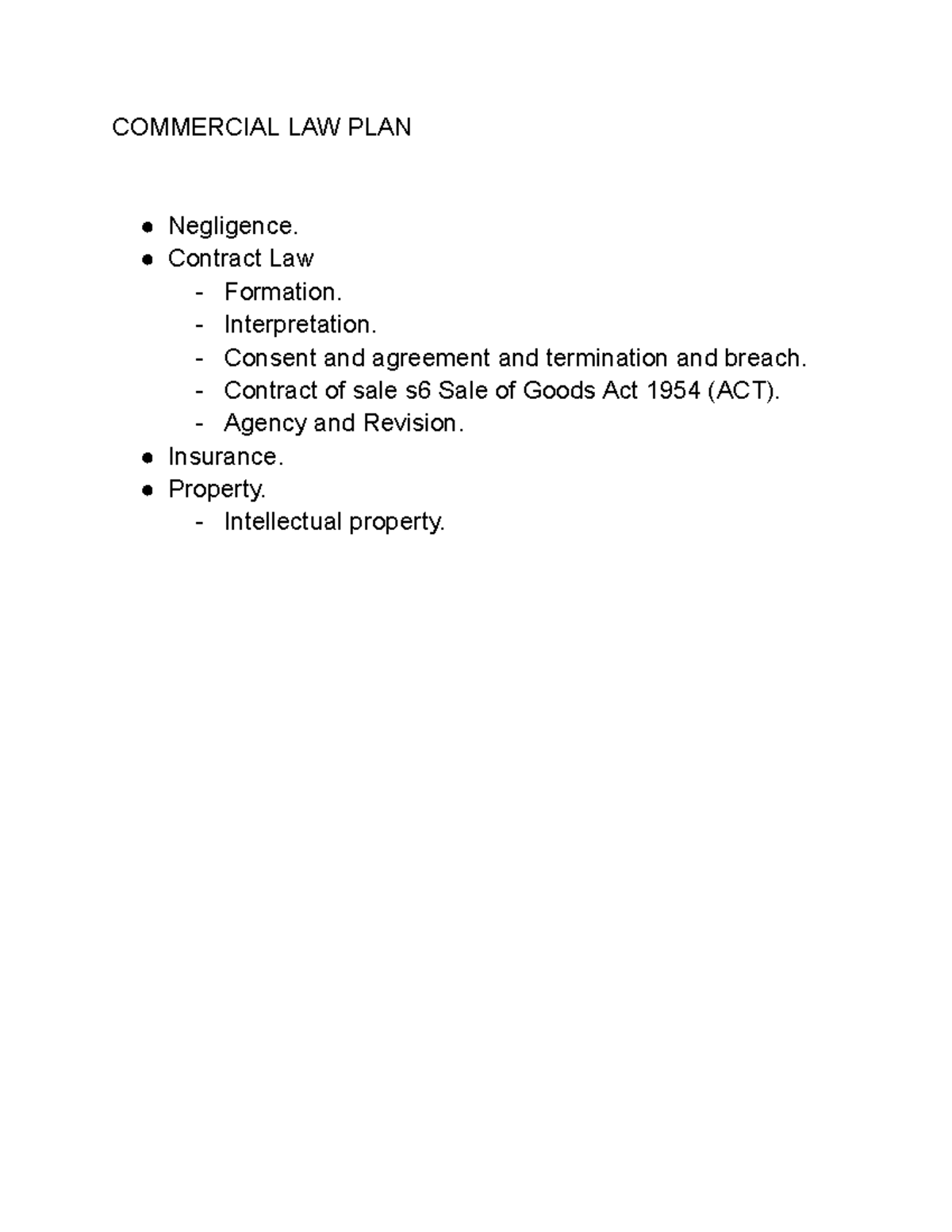Commercial LAW notes - COMMERCIAL LAW PLAN Negligence. Contract Law ...
