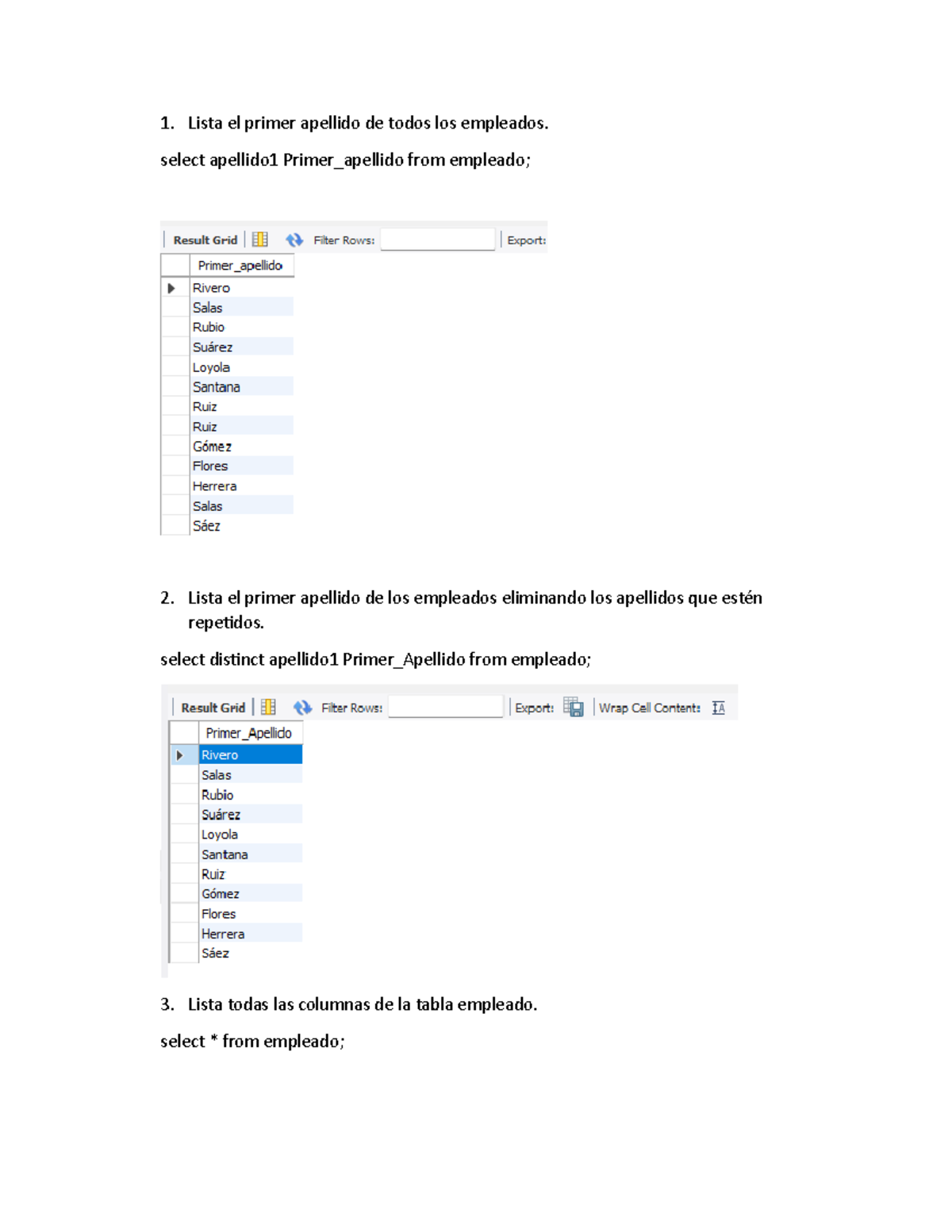 Ejercicios Basede Datos - Lista el primer apellido de todos los ...