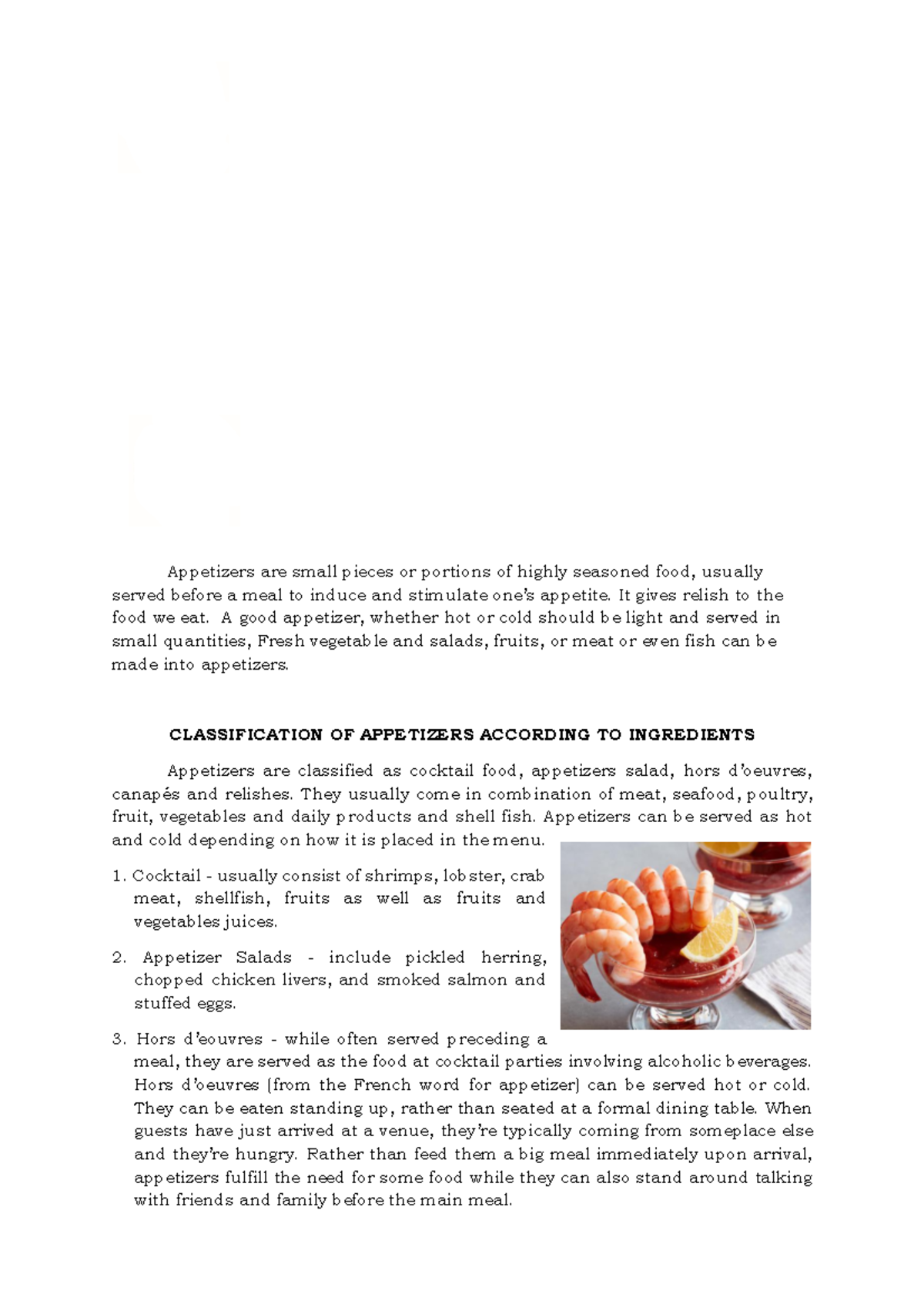 Classification of Appetizers - Directions: List down some appetizers or ...