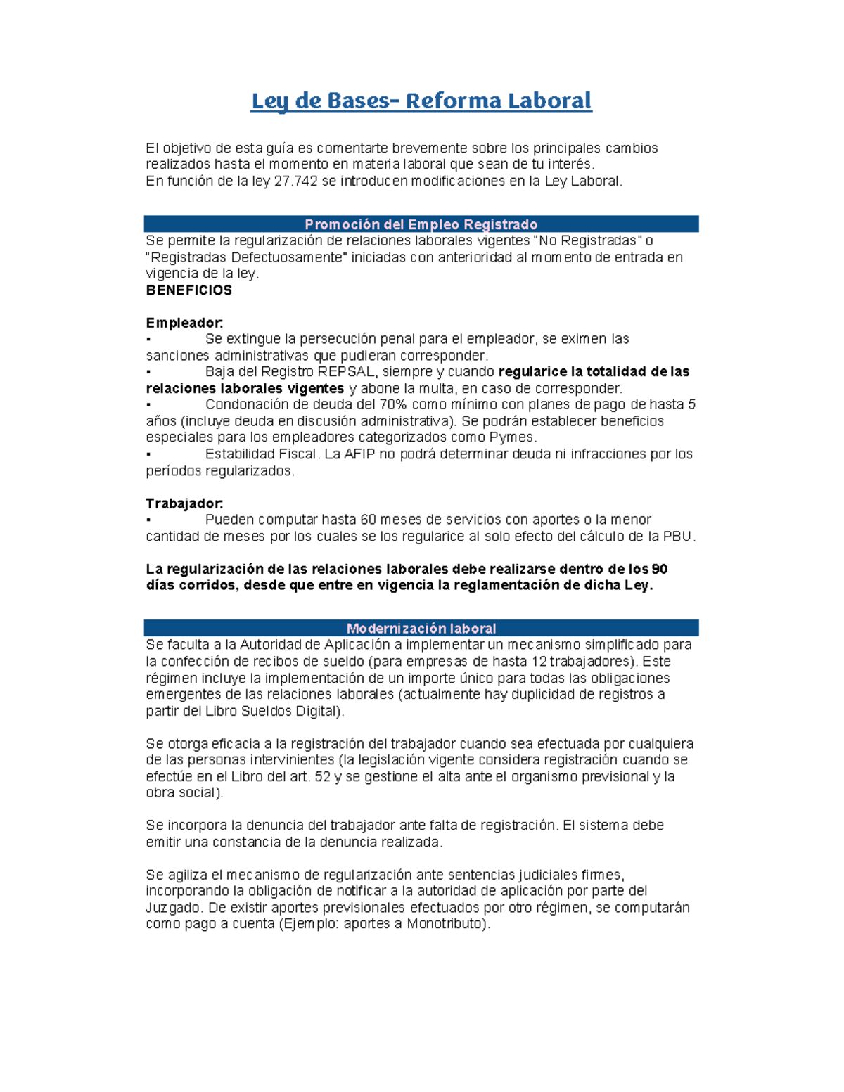 Ley bases. Principales cambios - Ley de Bases- Reforma Laboral El ...