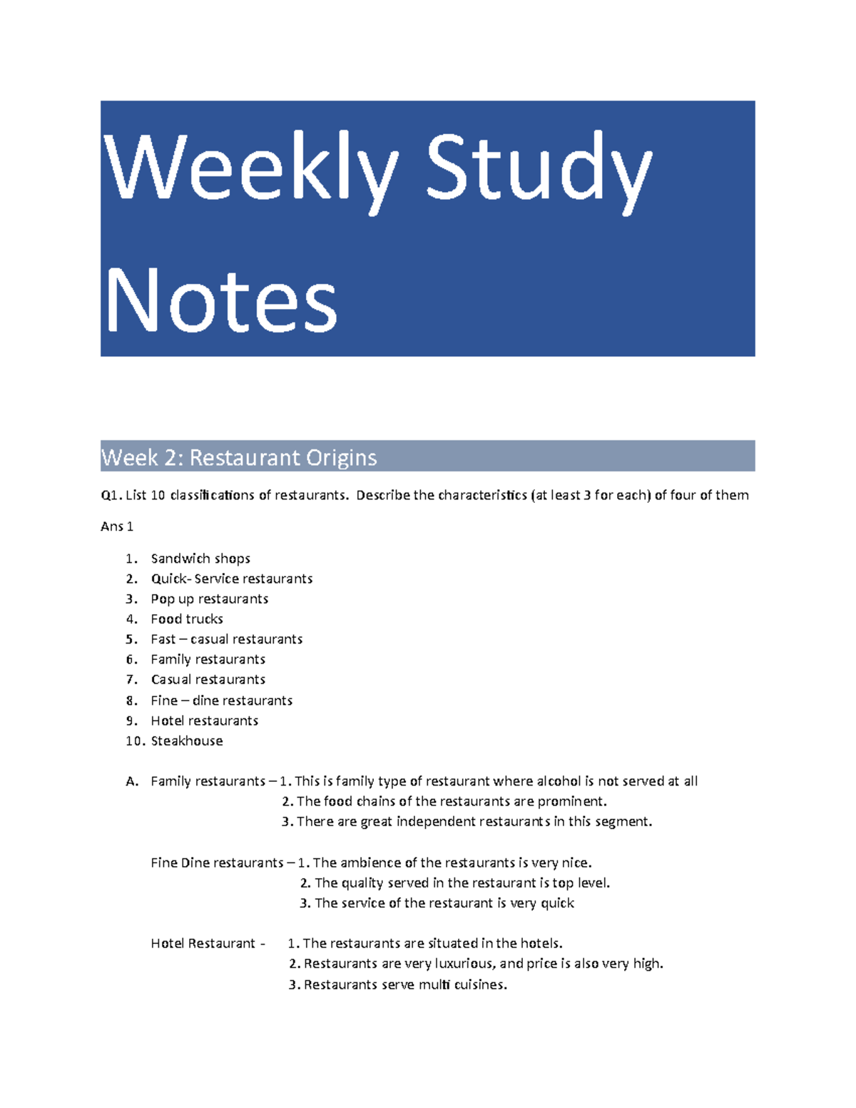 Weekly Study Notes Vivek Dhar - Weekly Study Notes Week 2: Restaurant ...