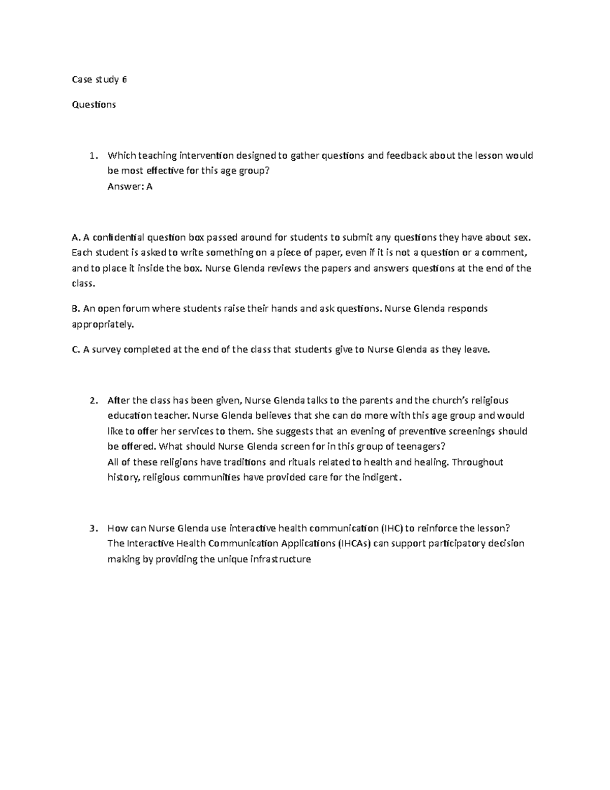 Case study 6 - learning activity - Case study 6 Questions Which ...