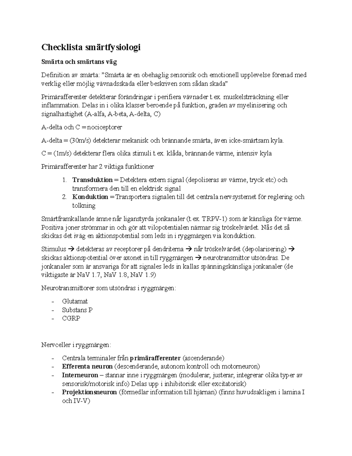 Checklista smärta - Anteckningar från föreläsningar samt kurslitteratur ...