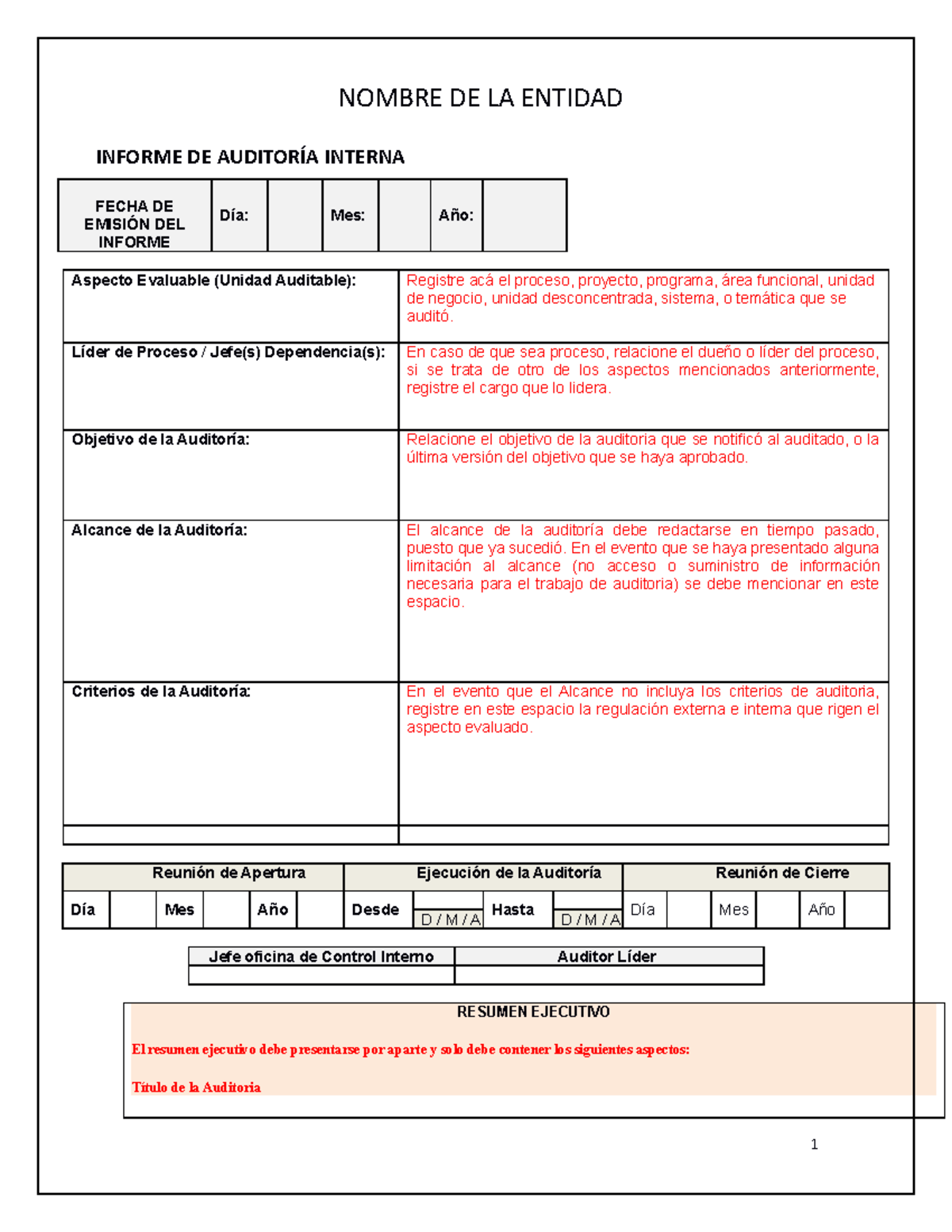 10. Modelo Informe Definitivo Auditoria - NOMBRE DE LA ENTIDAD INFORME DE AUDITORÍA INTERNA ...
