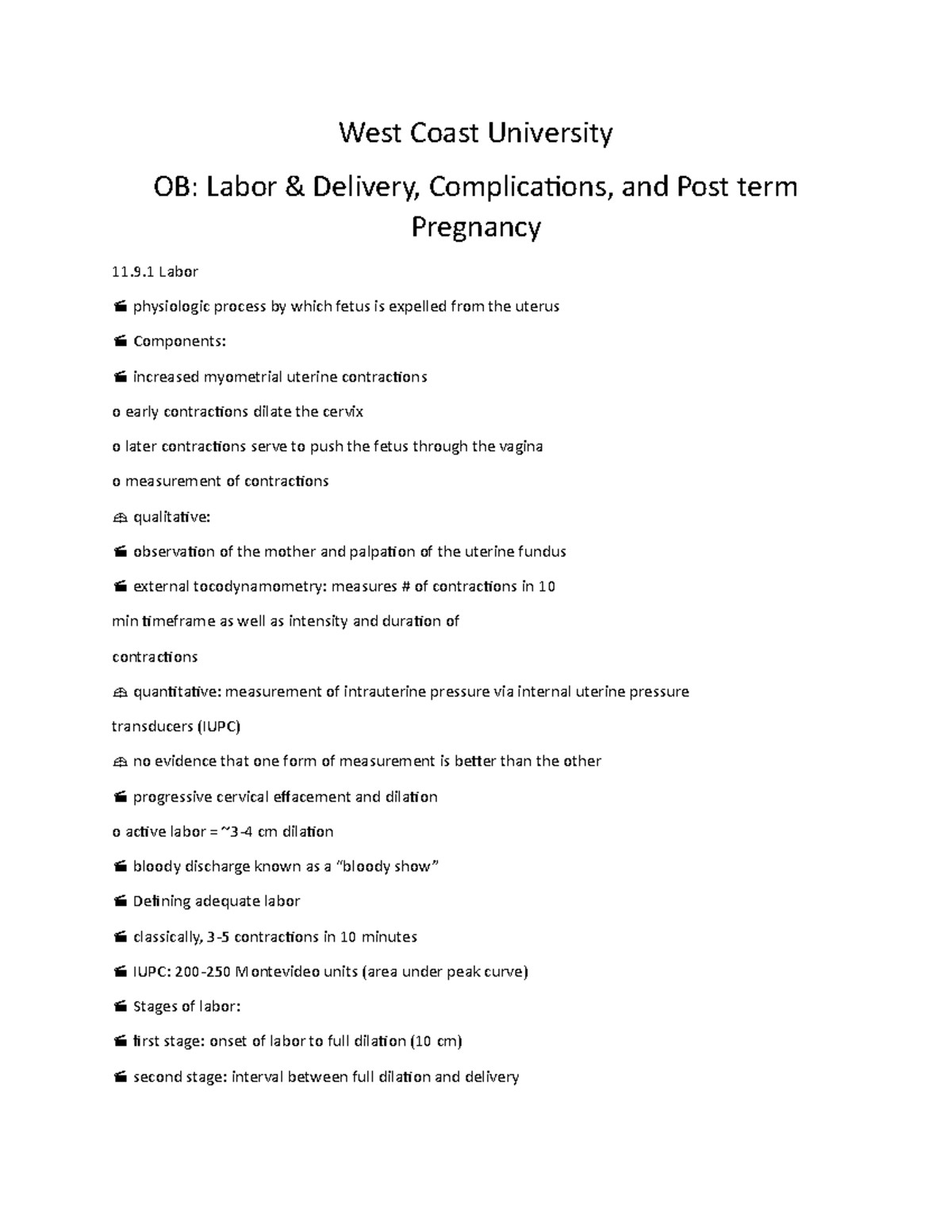 Labor - notes( assessment, nursing interventions, treatments) - West ...