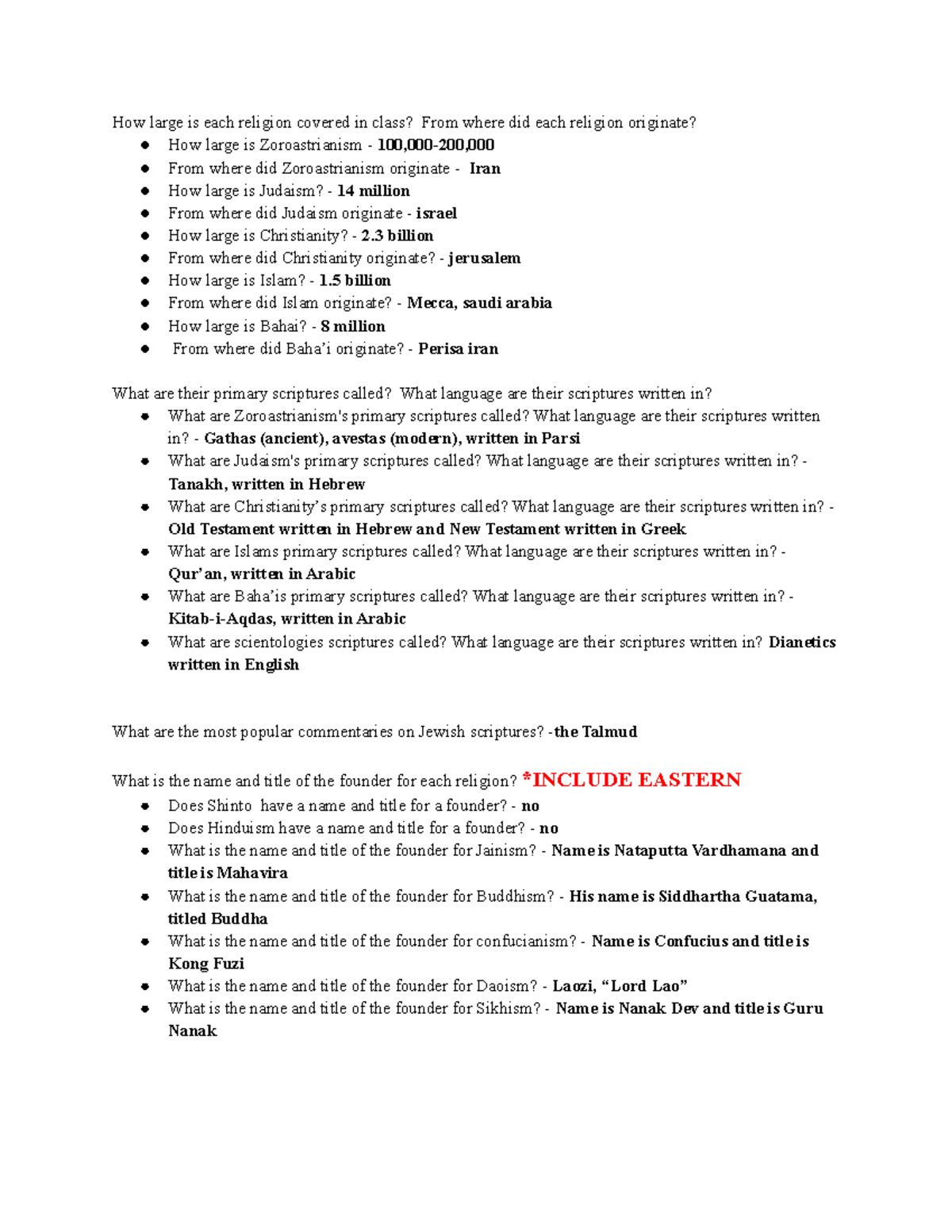 World religions final exam 3 - How large is each religion covered in ...