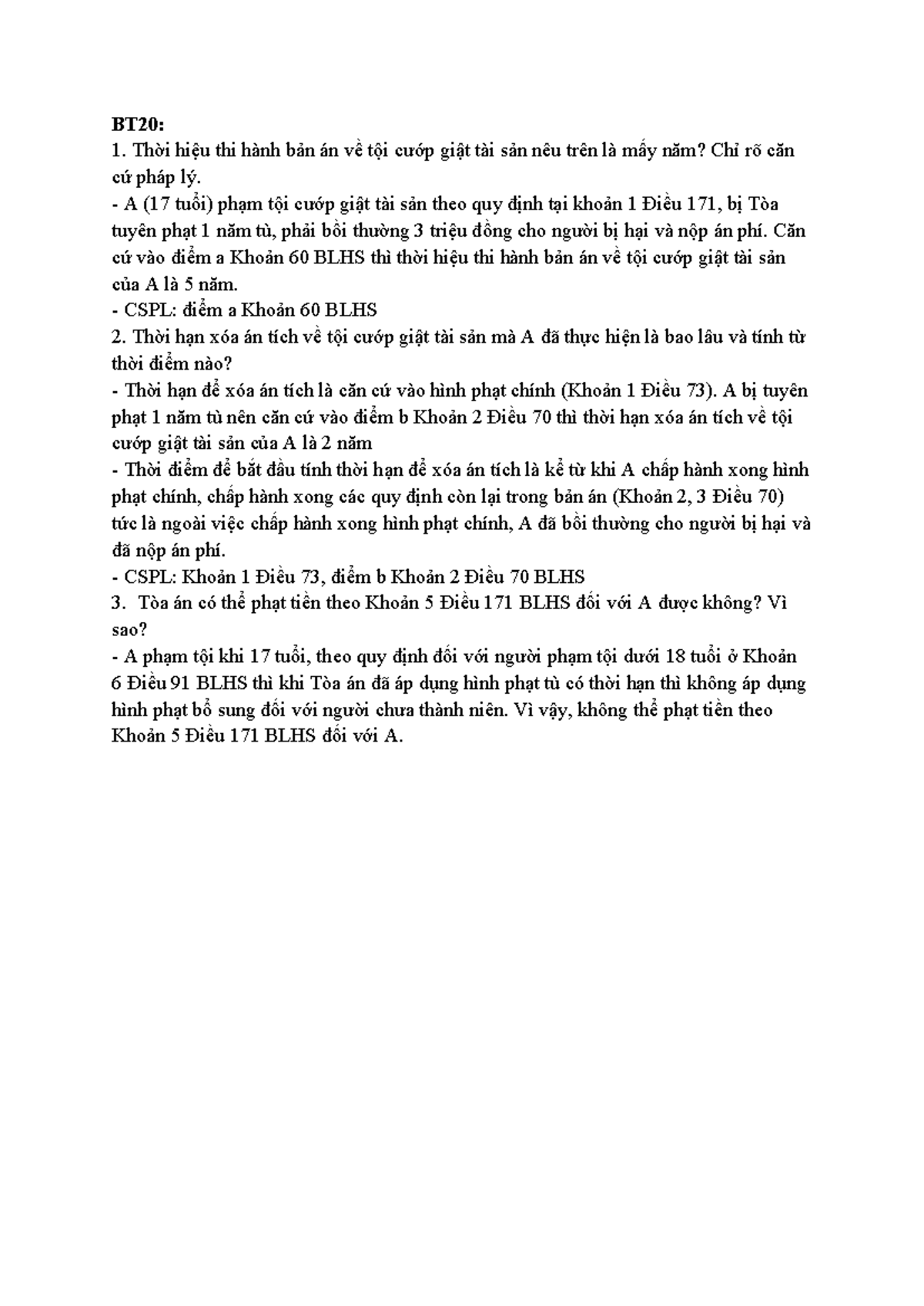 BT20 cụm4 - tham khao bai tap 20 cum 4 luat hinh su - BT20: Thời hiệu ...