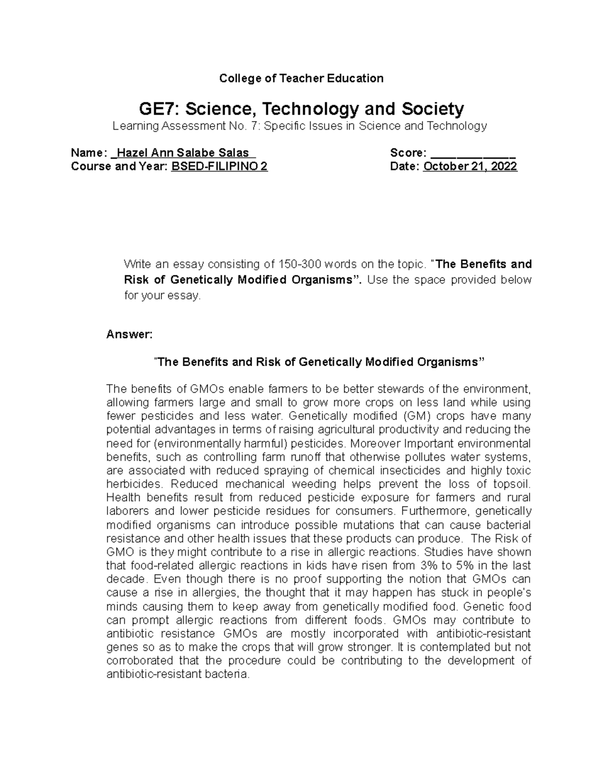 Mo1 - STS - College of Teacher Education GE7: Science, Technology and ...