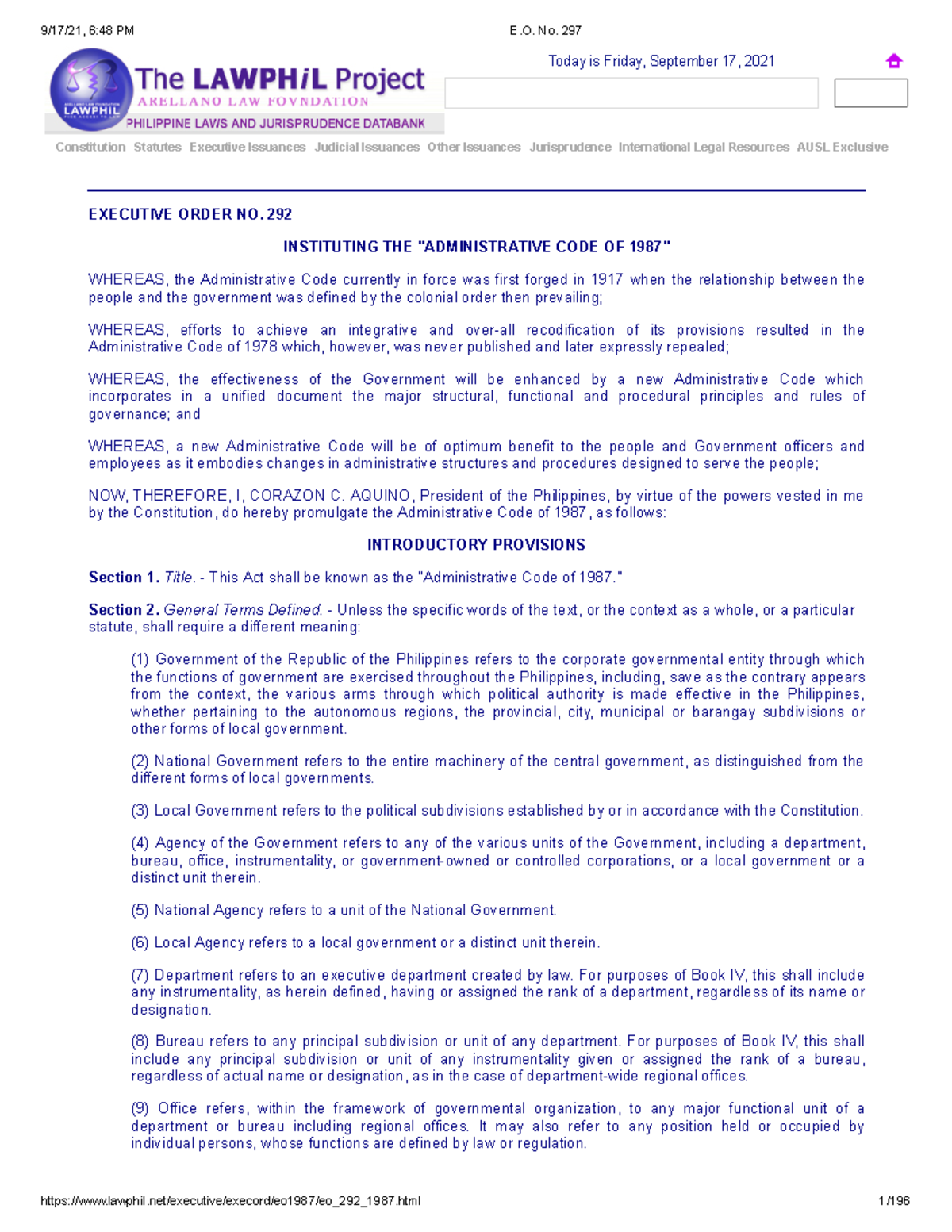 Administrative Code of 1987 (AC) E.O. No. 297 - Bachelor of law - MSU ...