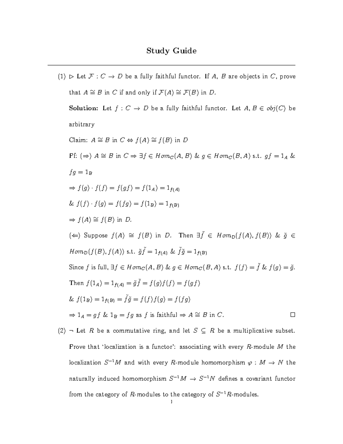 Studyguide 0 - commutative rings - Study Guide (1) Let F : C → D be a ...