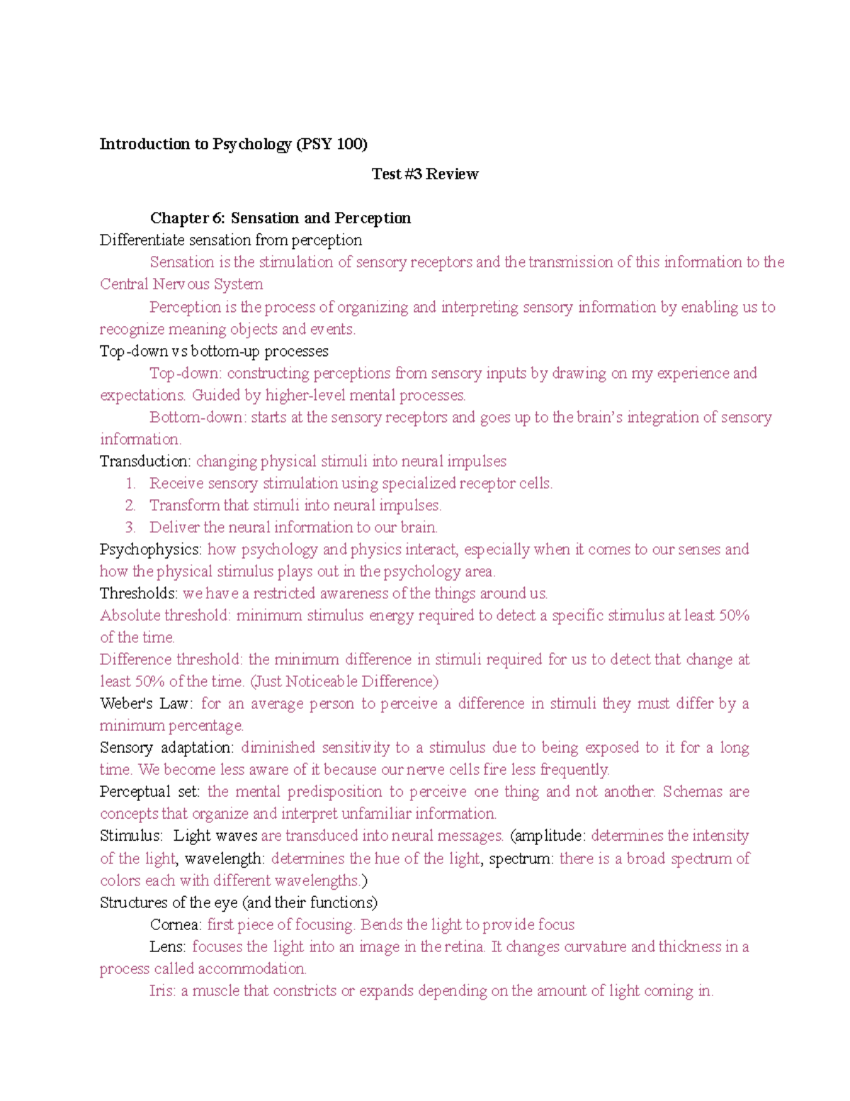 PSY100 - Exam 3 Study Guide - Introduction to Psychology (PSY 100) Test ...