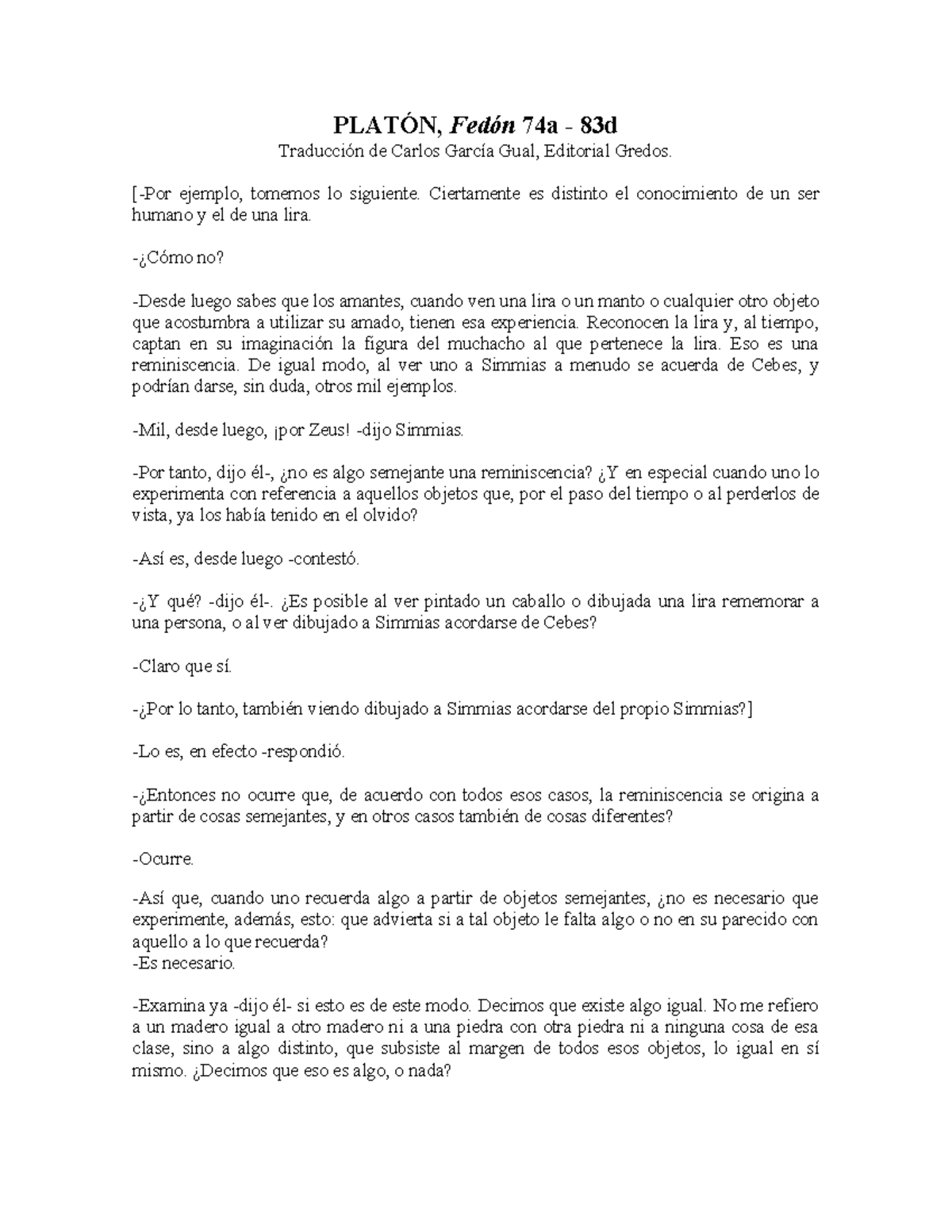 Texto EVAU DE PlatóN. Fedón 74a-83d - PLATÓN, Fedón 74a - 83d ...