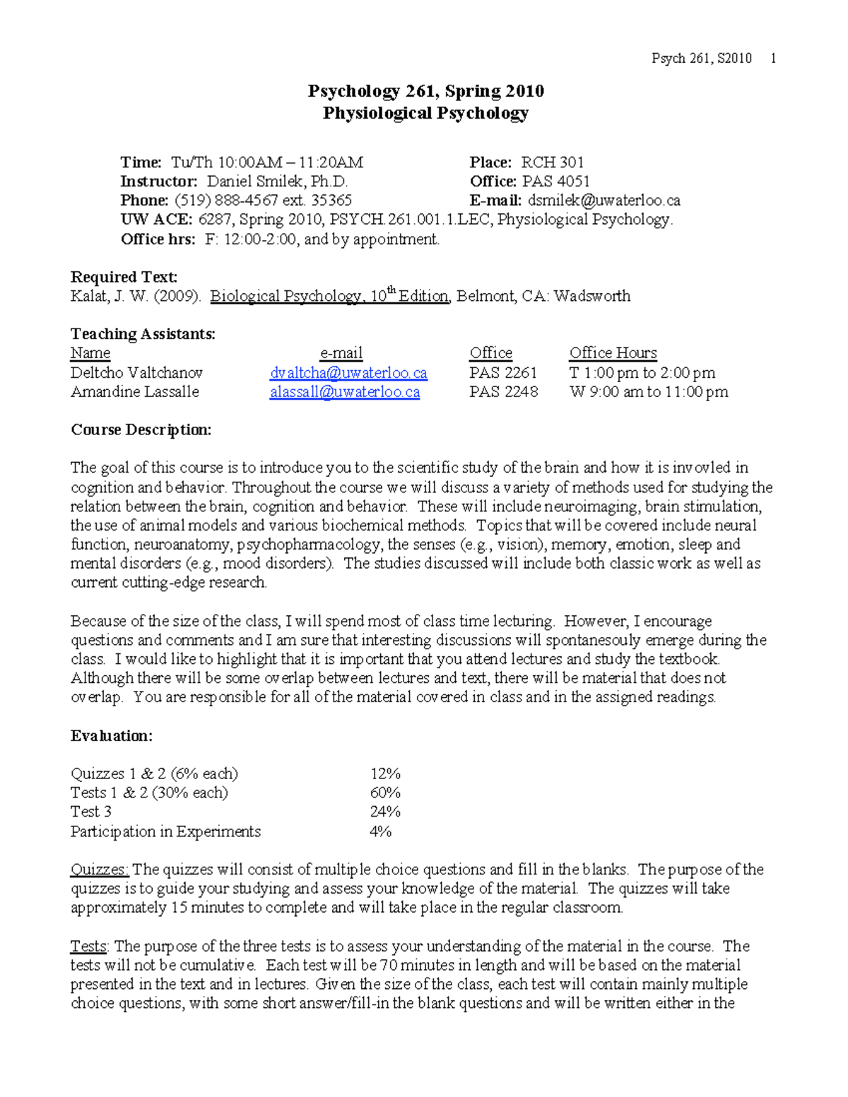 Psych 261 s2010 smilek - syllabus - Psychology 261, Spring 2010 ...