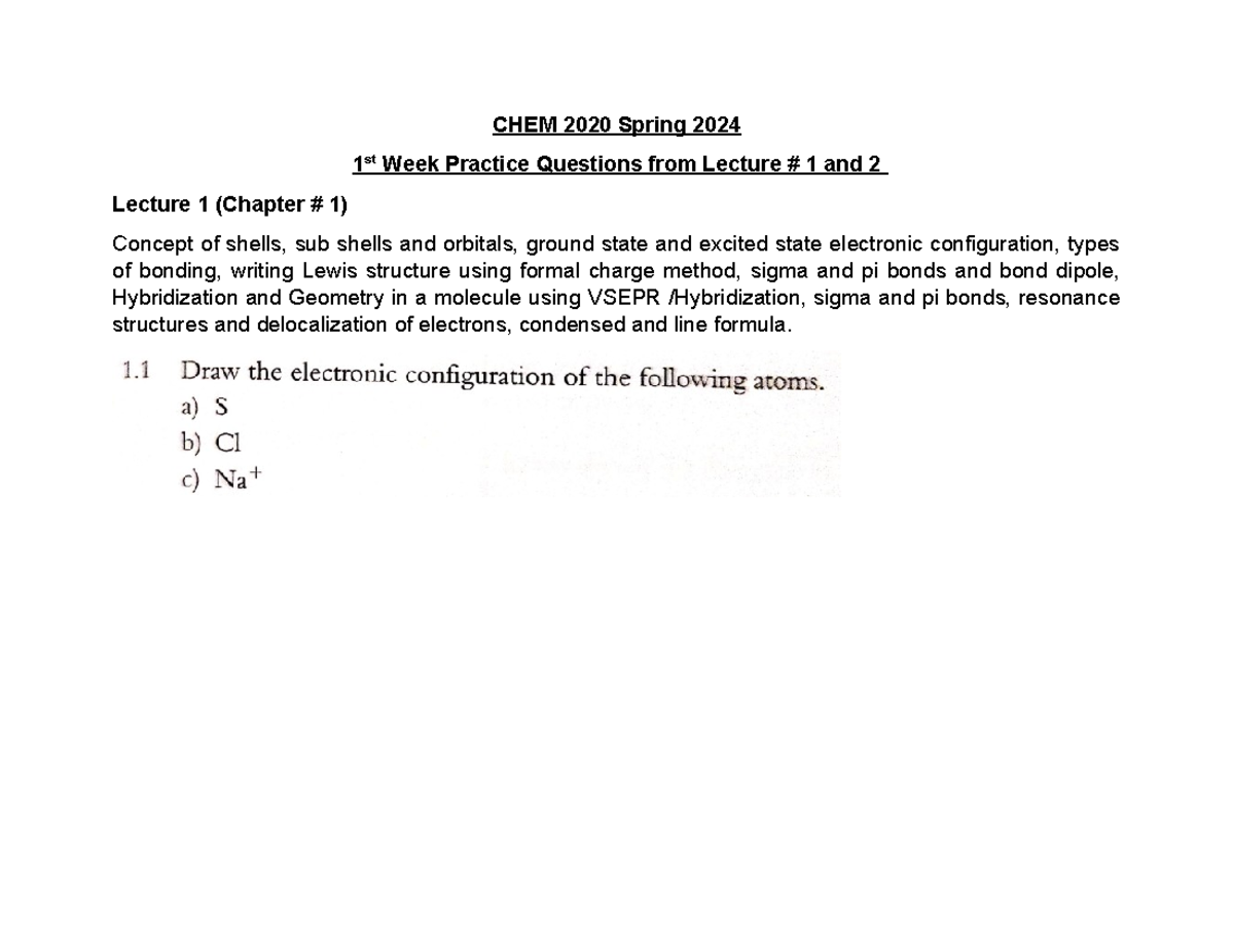 Unsolved Practice Questions 1st Week Lecture 1 and 2 - CHEM 2020 Spring ...