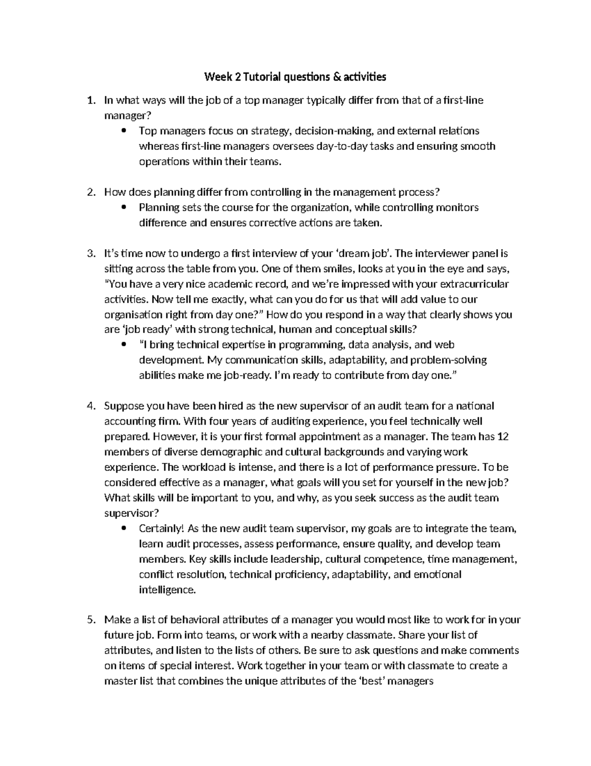 Week 2 to Week 14 Tutorial questions and answers - Week 2 Tutorial questions & activities 1. In ...