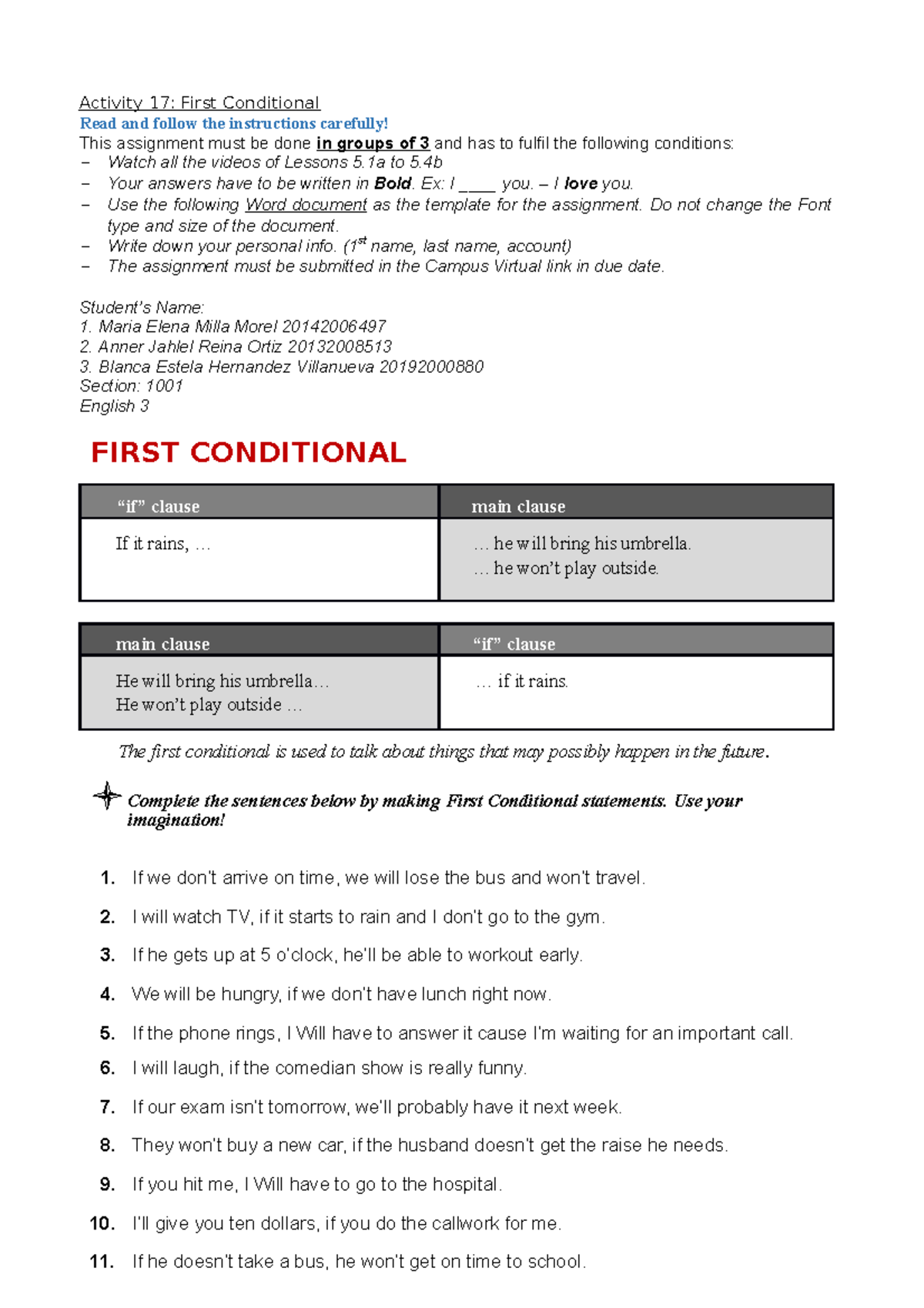 Activity 17- Worksheet First Conditional - Activity 17: First ...