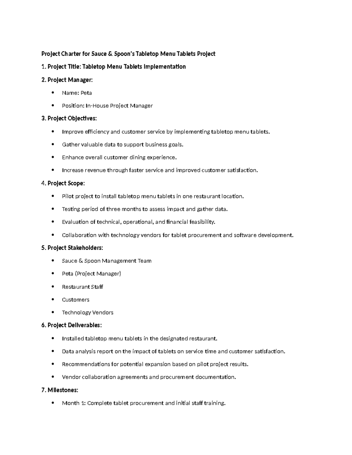 Project Charter FA - Project Charter for Sauce & Spoon's Tabletop Menu ...