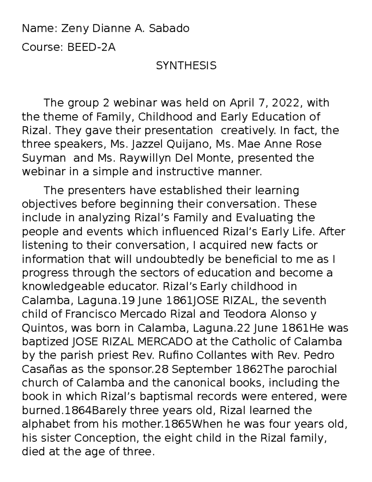 Synthesis 3 Rizal - Assignment - Name: Zeny Dianne A. Sabado Course ...