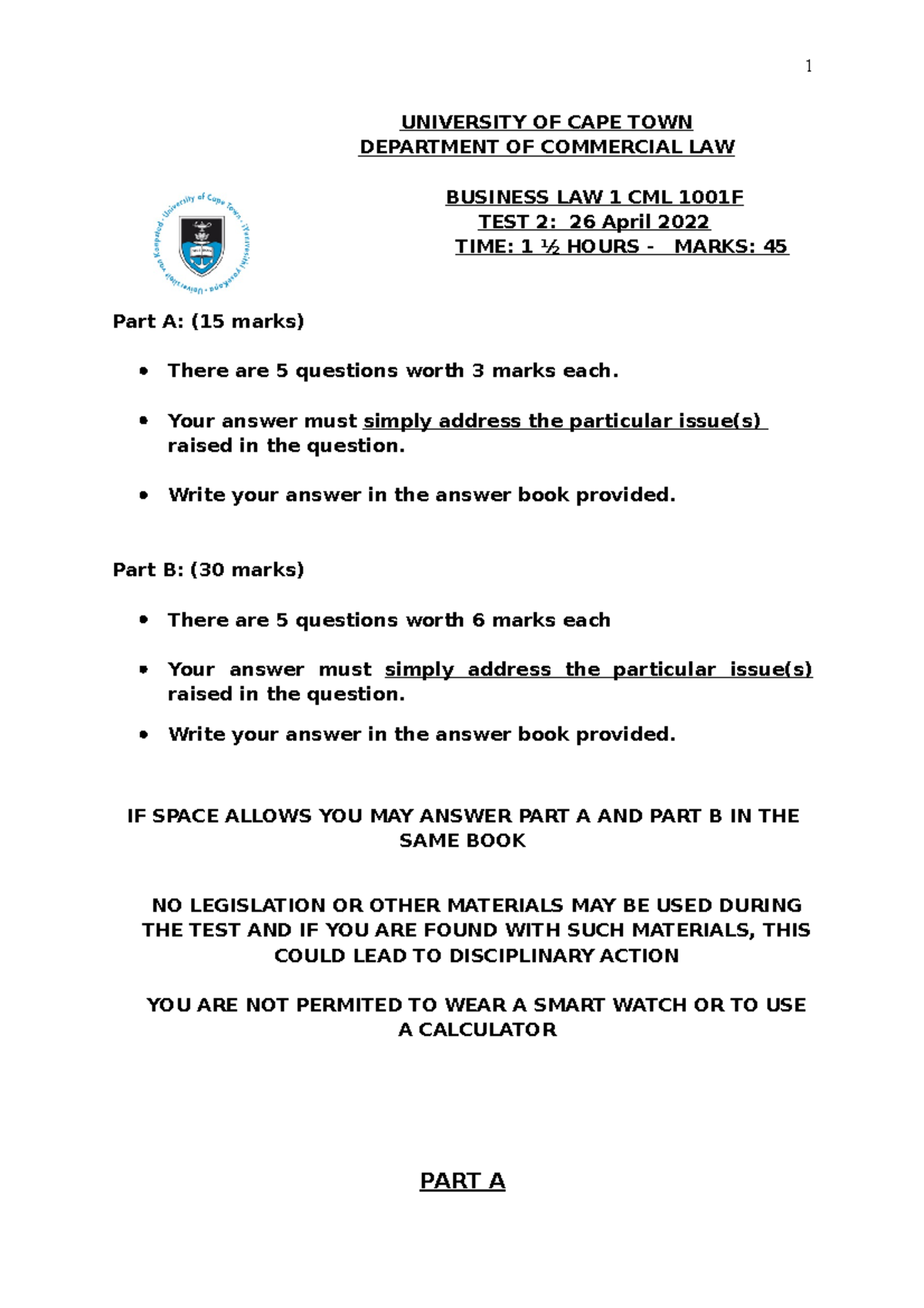 Test 2 2022 no answers - Test - UNIVERSITY OF CAPE TOWN DEPARTMENT OF ...