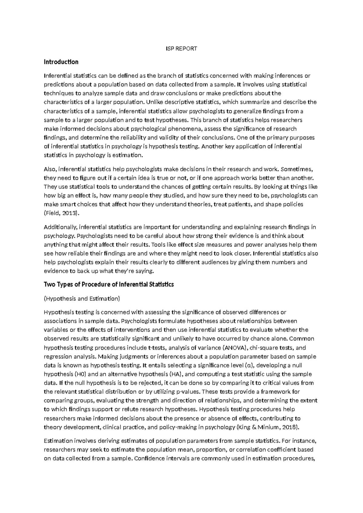 ISP Report - practical related to statistics - ISP REPORT Introduction Inferential statistics ...