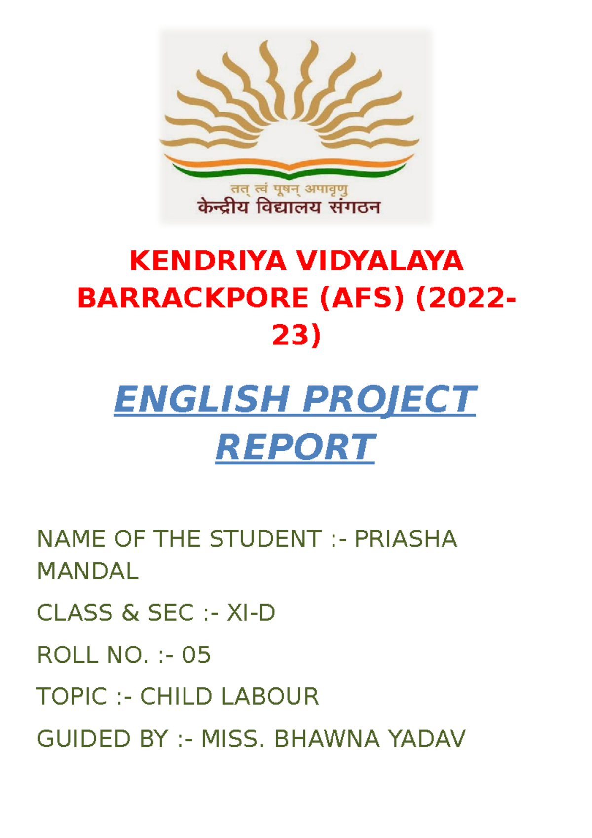 Eng project - KENDRIYA VIDYALAYA BARRACKPORE (AFS) (2022- 23) ENGLISH ...