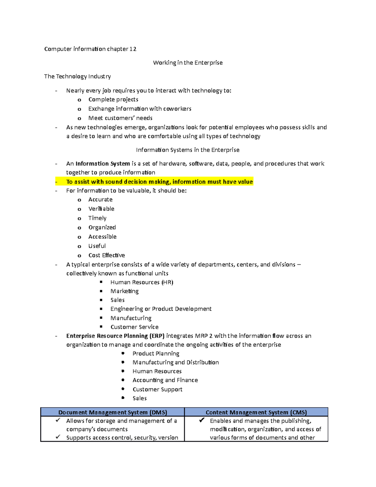 Working in the Enterprice Chapter 12 - Computer information chapter 12 Working in the Enterprise ...