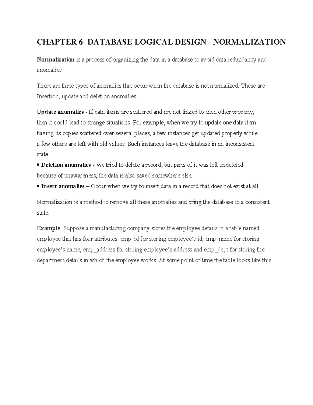 Chapter 6 Database Logical Design Normalization Chapter 6