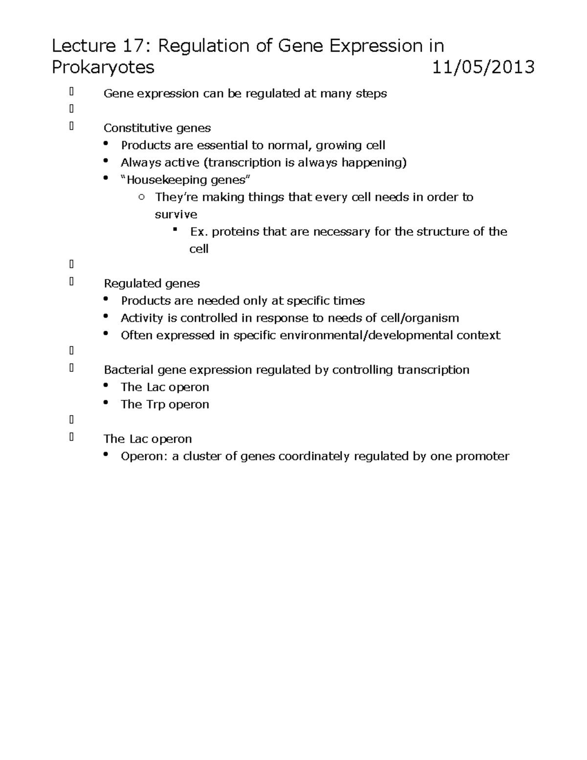 Genetics Notes (Final Exam) Summary - Lecture 17: Regulation of Gene ...