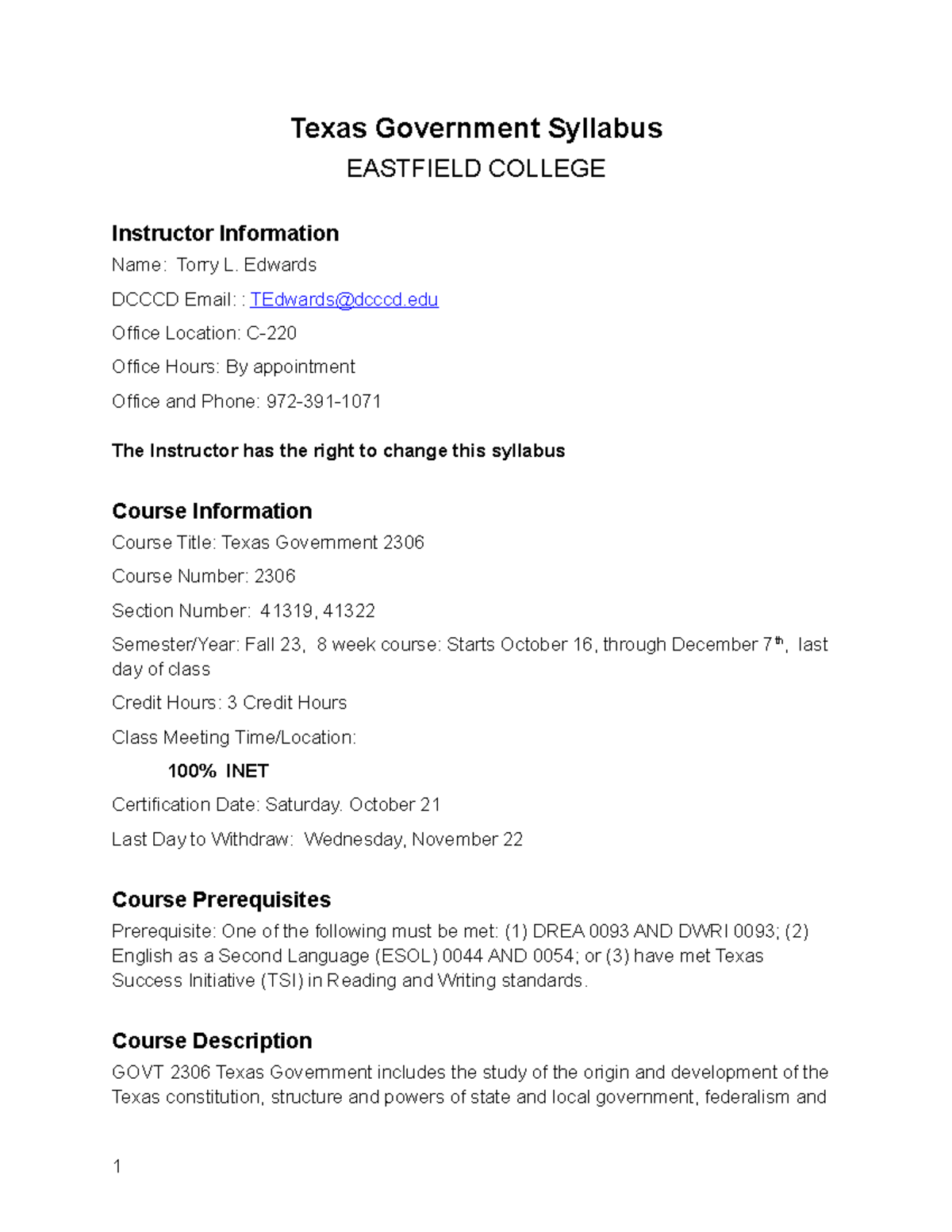 Fall 23 2306 4131941322 week - Texas Government Syllabus EASTFIELD ...