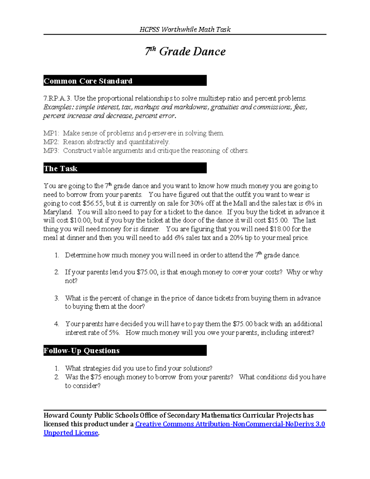 7 rp a 3 task 7th grade dance - HCPSS Worthwhile Math Task 7 th Grade ...